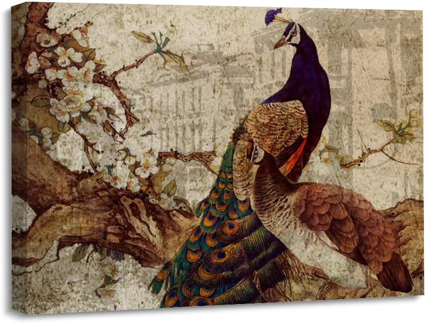 ASPORIC Wall Prints Peacock And Blue Flowers Canvas Print Wall Art ...
