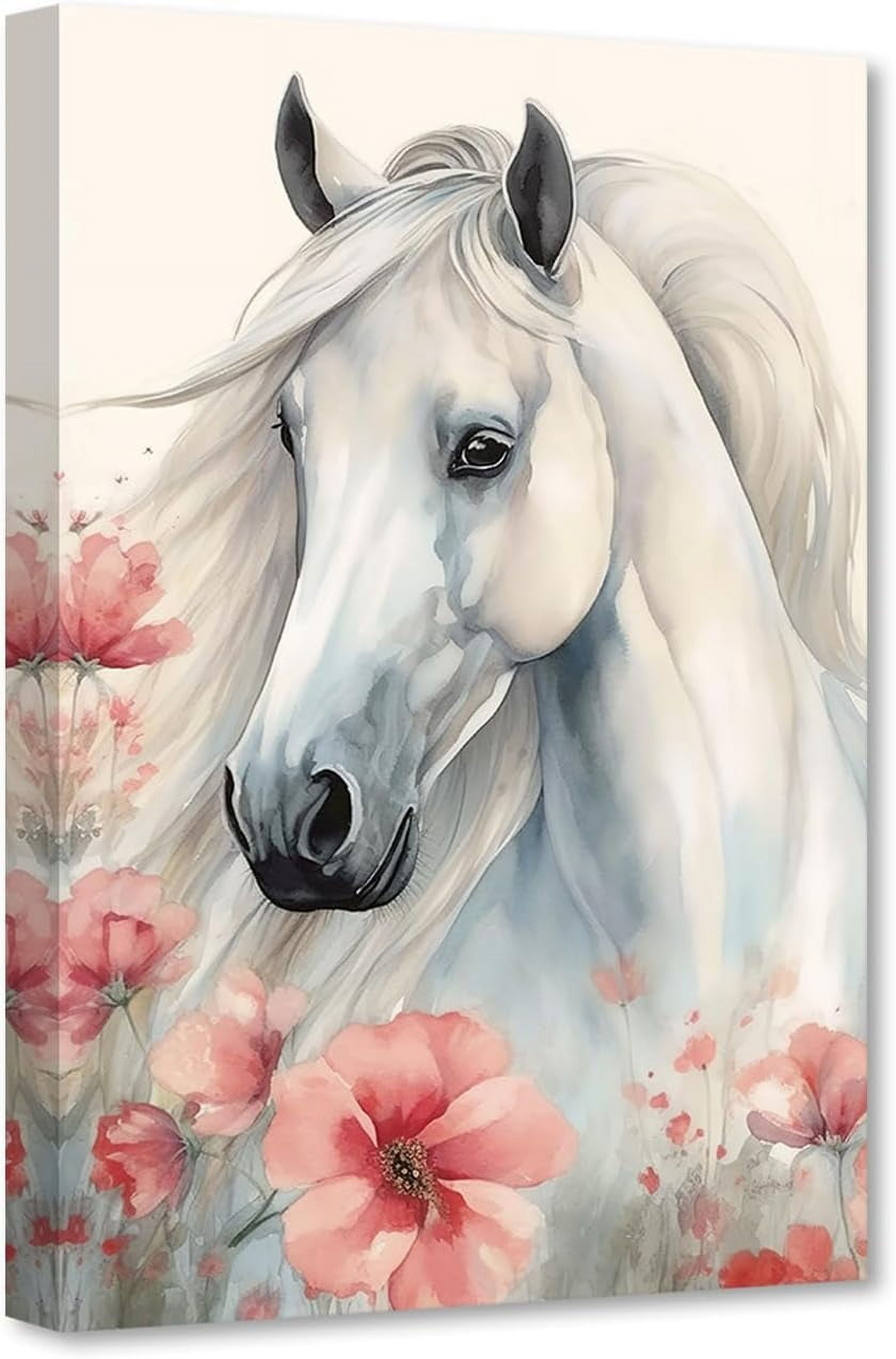 ASPORIC White Horse Canvas Wall Art Horse and Pink Floral Picture ...