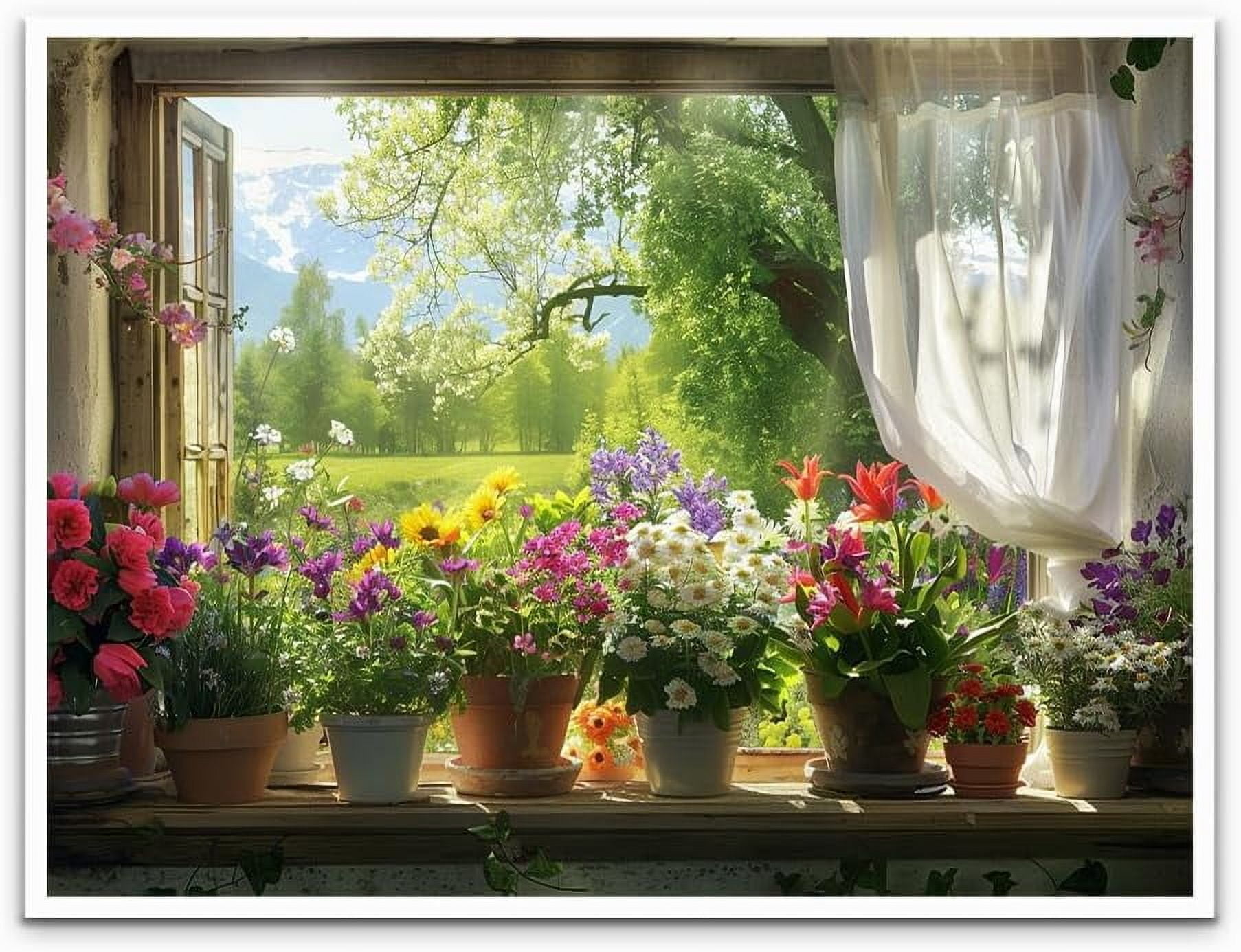 ASPORIC Window View Wall Art English Countryside and Garden Flowers ...