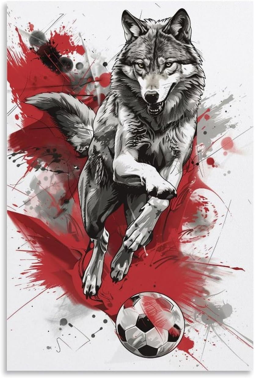 ASPORIC Wolf Playing Soccer Canvas Poster Funny Animal Football Wall ...