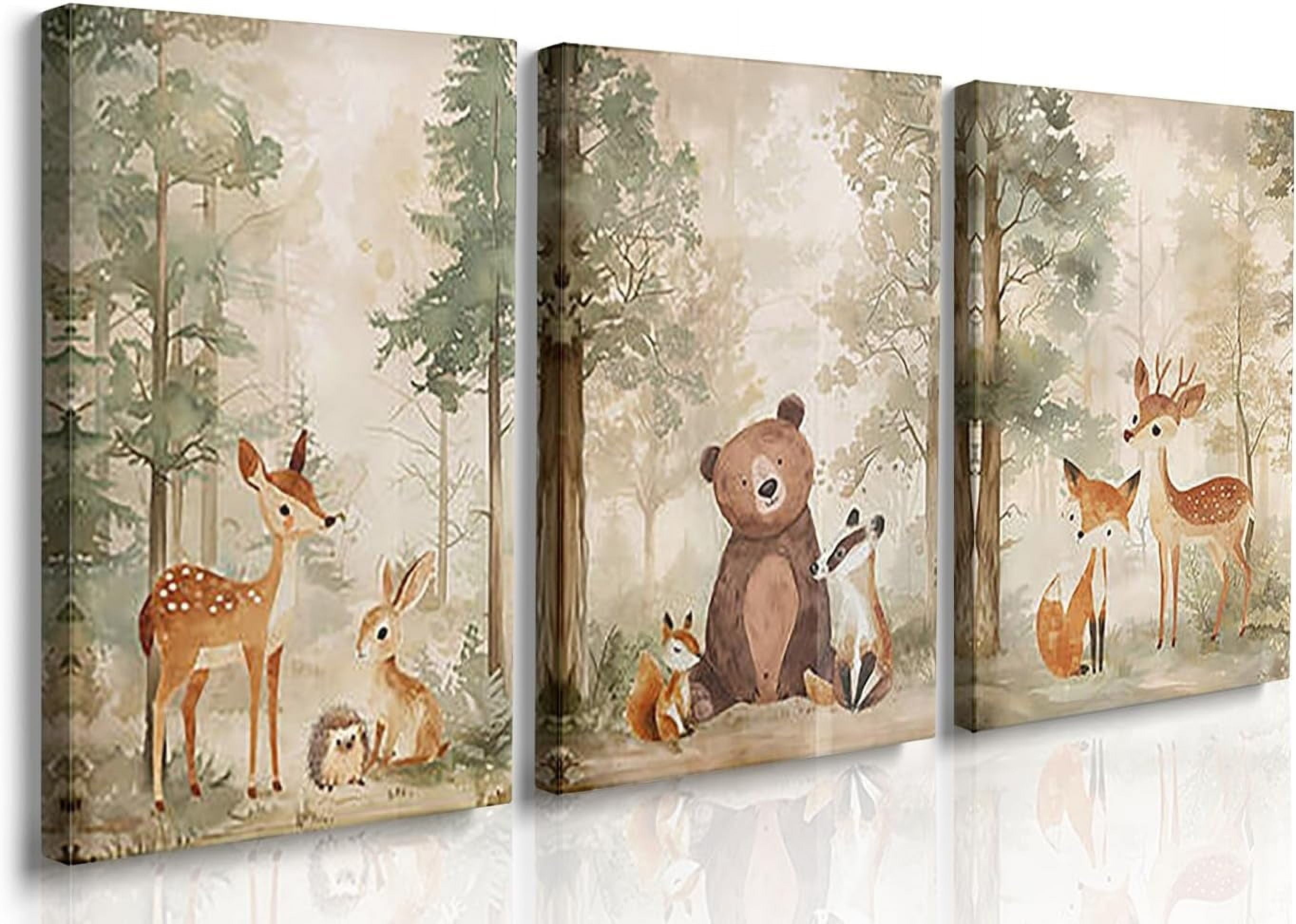ASPORIC Woodland Nursery Canvas Wall Art of 3,Watercolor Woodland ...
