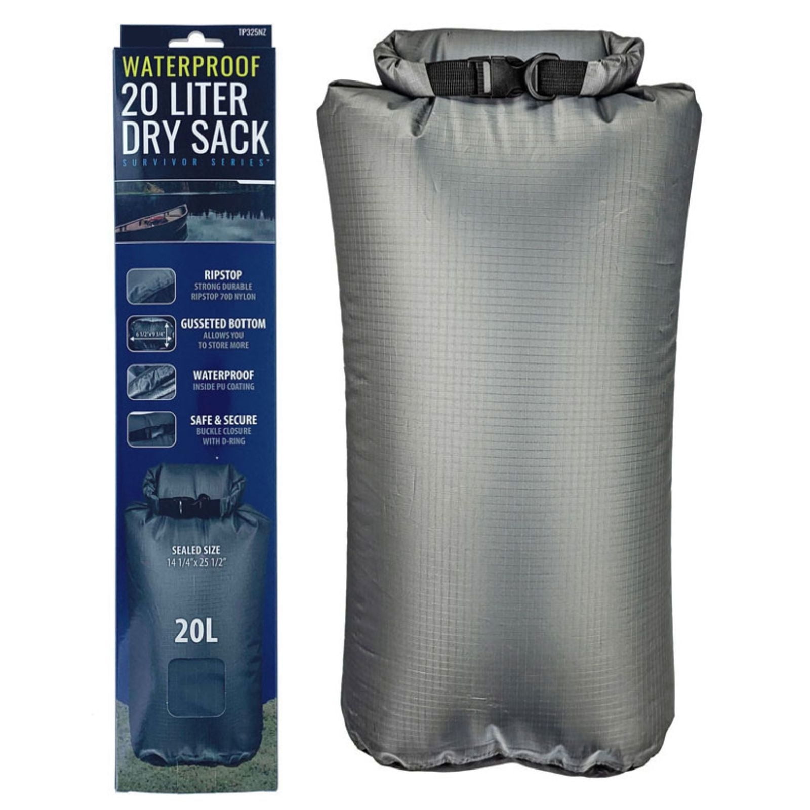ASR Outdoor 20L Gray Waterproof Dry Sack Gusseted Bottom Ripstop Nylon ...