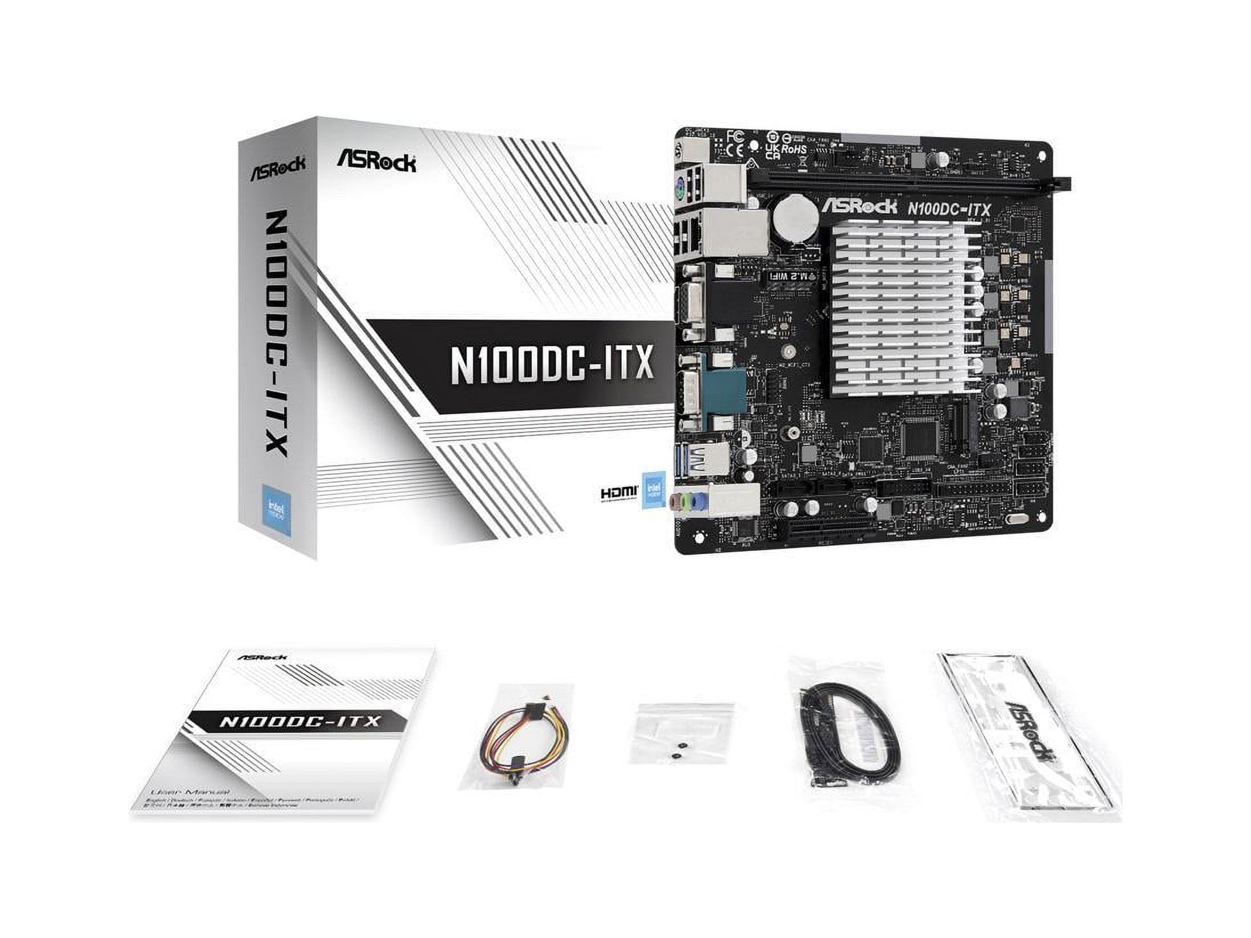 ASRock N100DC-ITX Intel Quad-Core Processor, DDR4, 2 SATA3, Turbo Boost, Mini ITX Motherboard ...