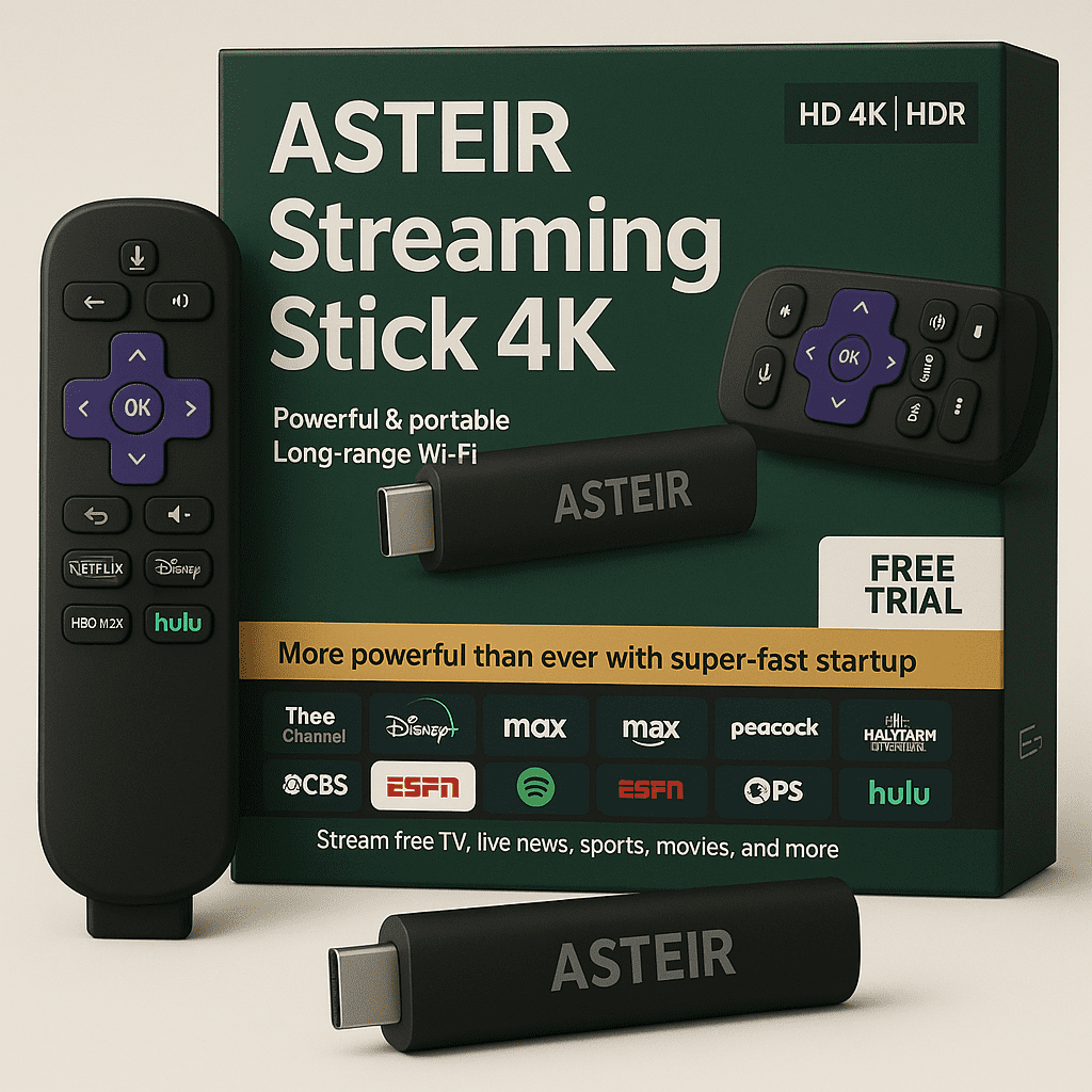 ASTEIR Streaming Stick 4K - HDR & Dolby Vision Android TV Streaming Device with Voice Remote ...