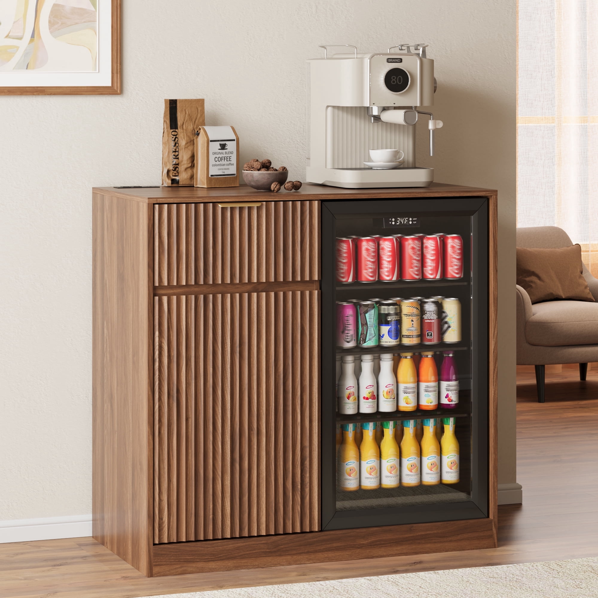 ASTUVIA 39.4" Mini Fridge Cabinet with Power Outlet,Fluted Coffee Bar ...