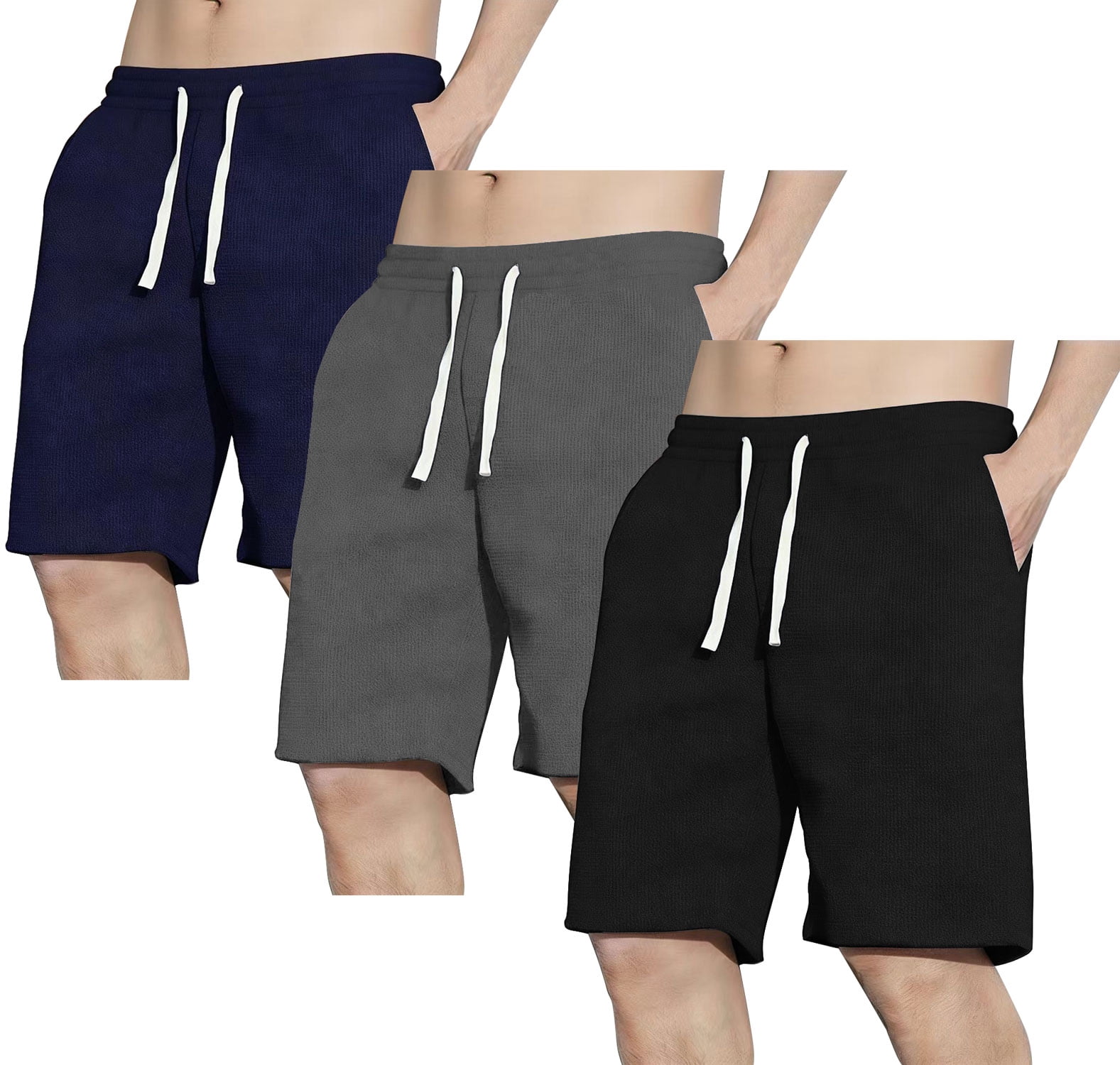 ASUDESIRE 3 Pack Men's Waffle Textured Shorts, Deep Pockets, Elastic ...