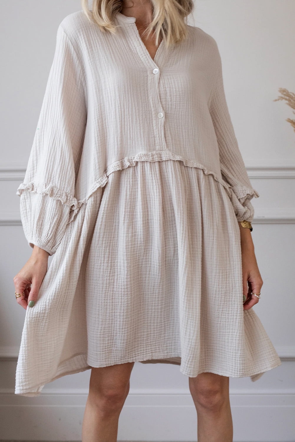 ASUOAgio Apricot Charm: Frilly Textured Half-Button Maxi Comfort ...