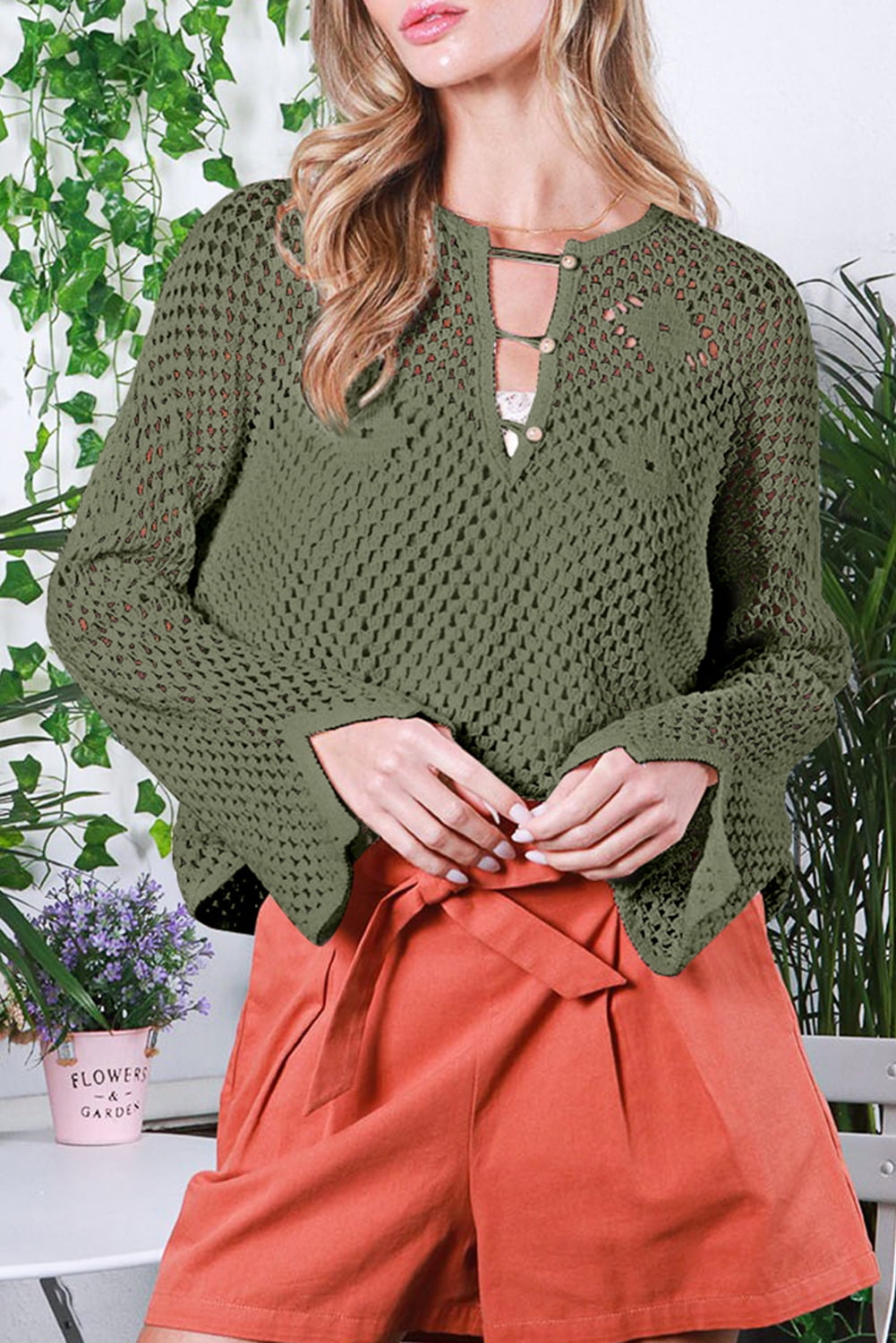 ASUOAgio Boho Vibe Knit Sweater - V Neck, Split Cuffs, Long Sleeves ...