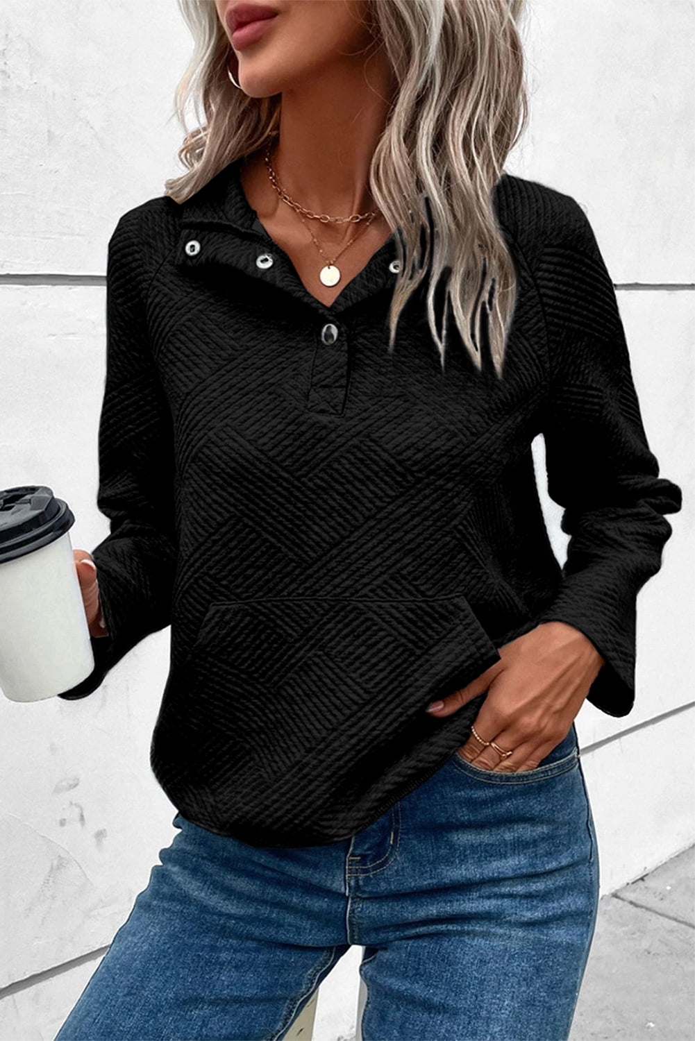 ASUOAgio Cozy Knit Pullover - Buttoned Kangaroo Pockets - Seasonless ...