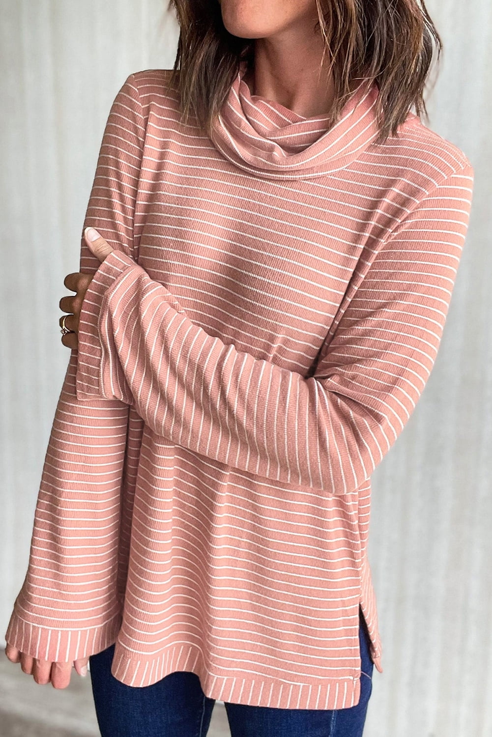 ASUOAgio Elegant Pink Stripe Cowl Neck Top - Flowy Long Sleeves, All ...