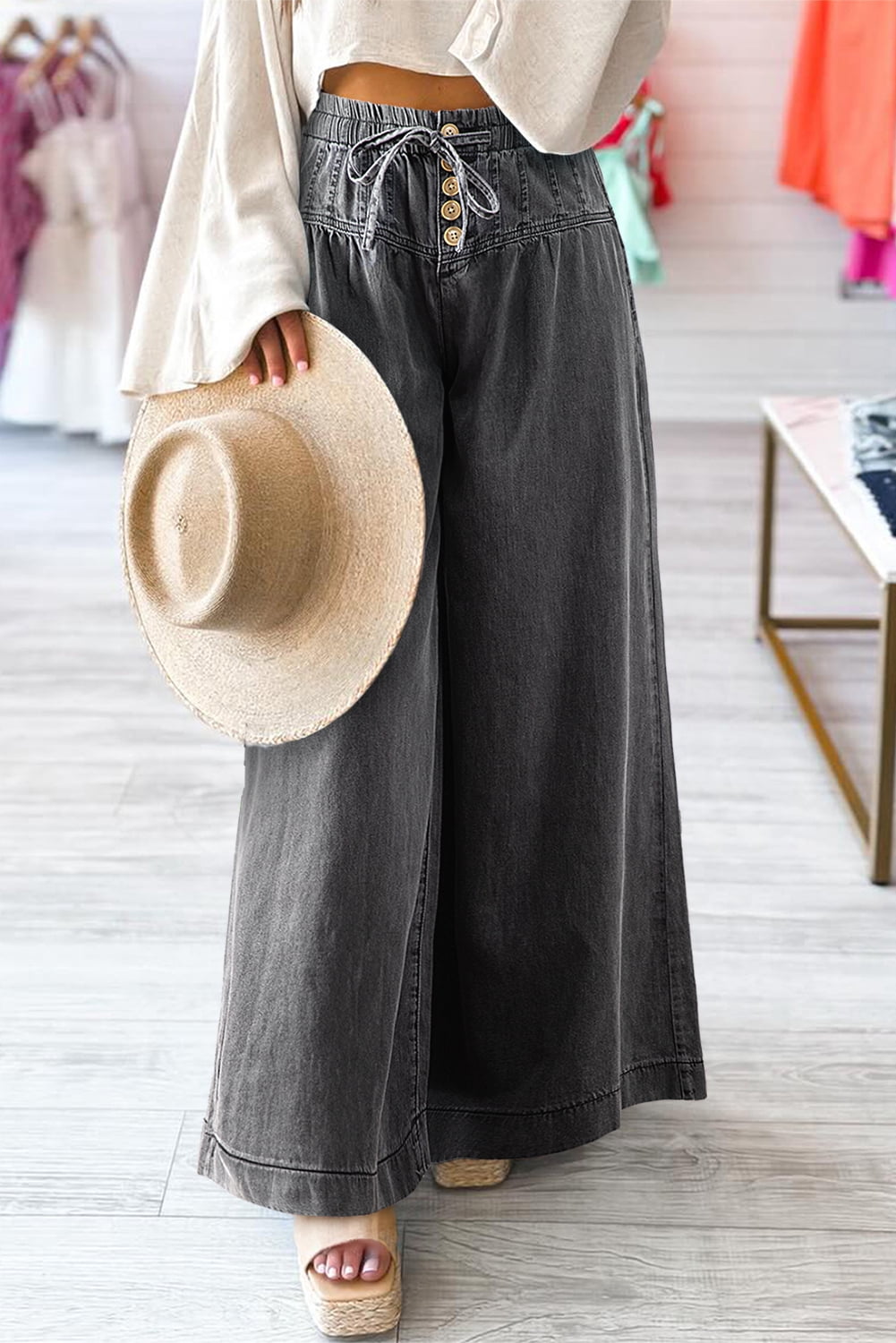 ASUOAgio Vintage Vibe Wide Leg Jeans - High Waist, Grey Mineral Wash ...