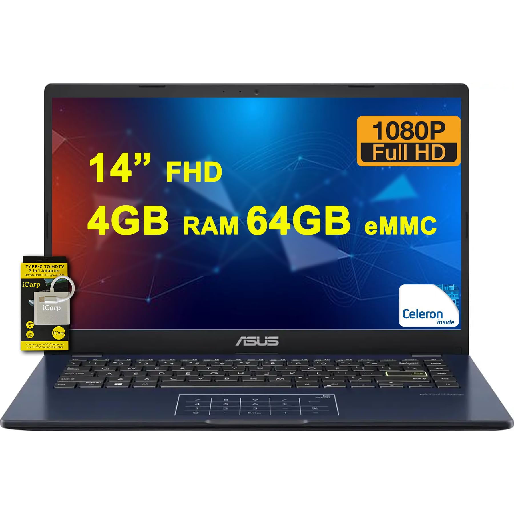 ASUS Vivobook Go 14 Student Laptop 14" FHD Anti-Glare Intel Celeron N4500 4GB RAM 64GB eMMC USB ...