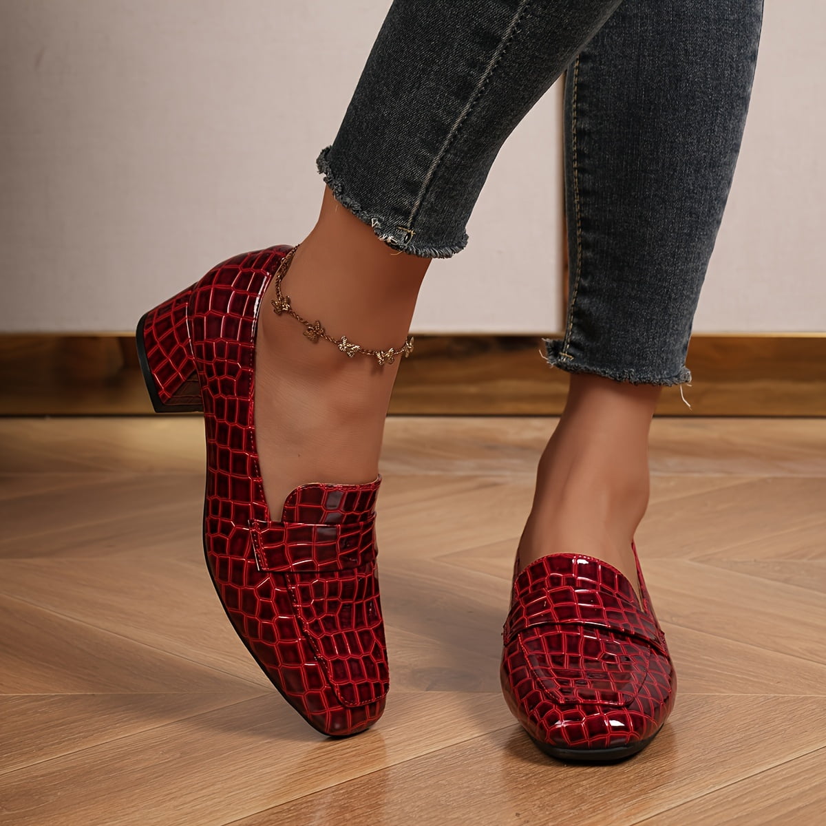 Aswmxr Women‘s Crocodile Pattern Chunky Heel Loafers Elegant Square Toe