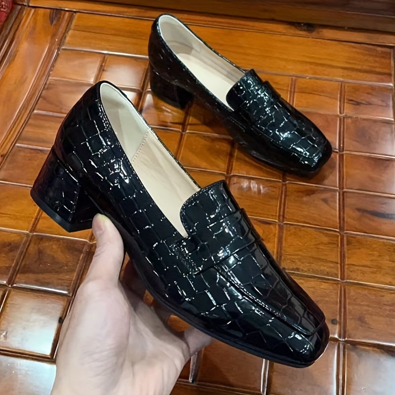 Aswmxr Women‘s Crocodile Pattern Chunky Heel Loafers Elegant Square Toe