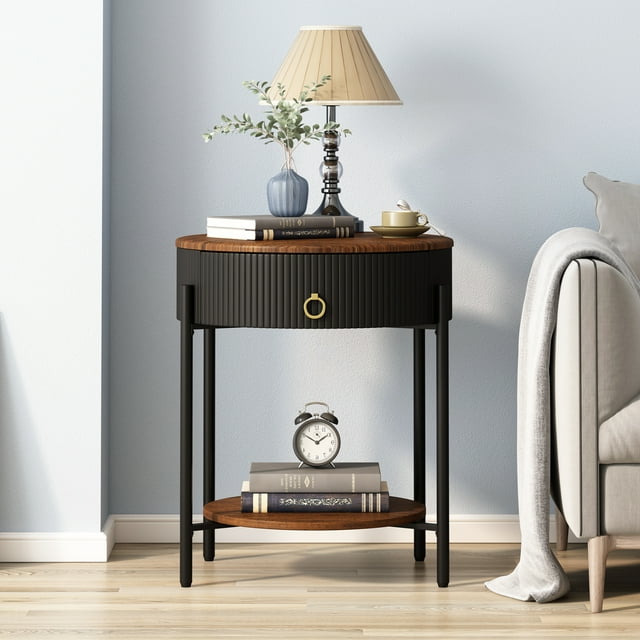 ASYA Black Metal End Table with Drawer, 2-Tier Wooden Nightstand, Round Side Table for Living ...