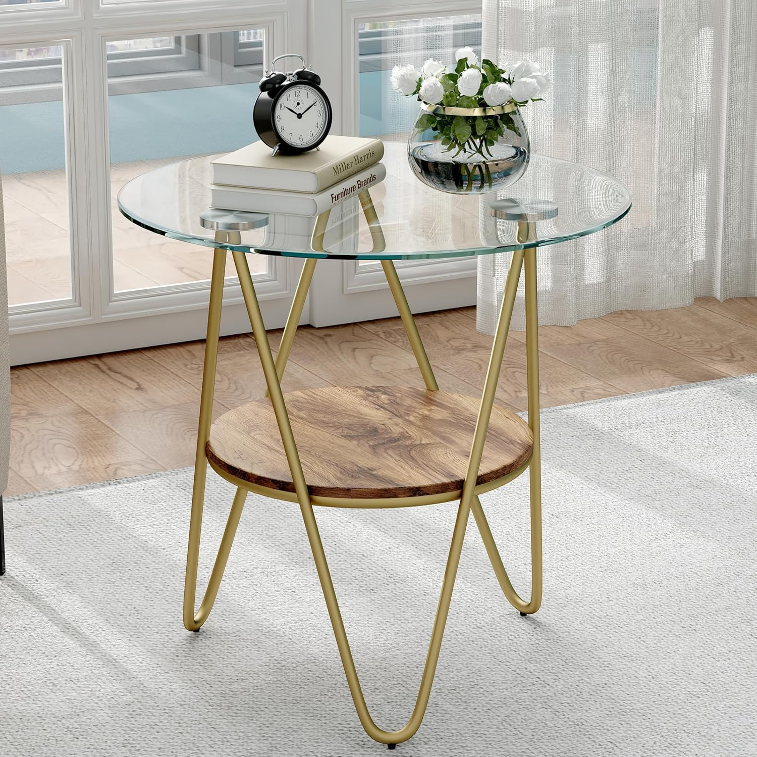 ASYA Glass Side Table for Living Room, 2-Tier Gold End Table with Tempered Glass & Metal Frame ...