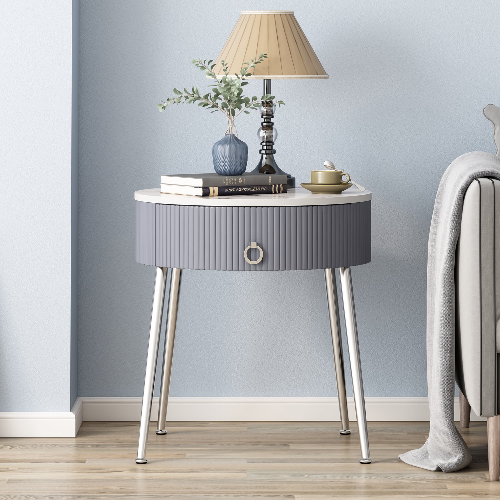 ASYA Gray End Table with Drawer, Small Round Nightstand, Chrome end ...