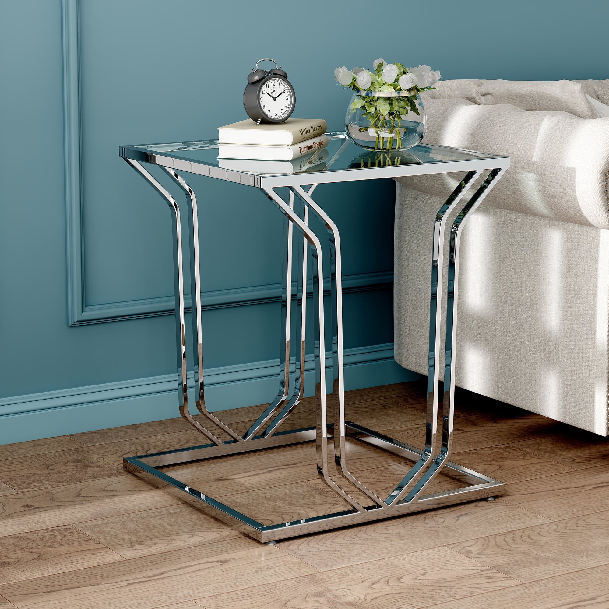 ASYA Modern End Table, Chrome Side Table Nightstand with Glass Top, 23.62''H Accent Table for ...