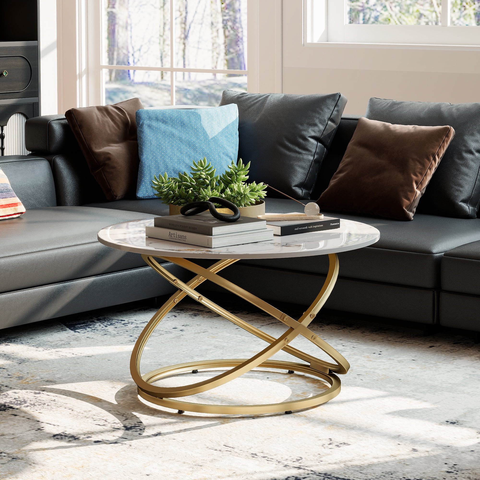 ASYA Natural Stone Coffee Table, 31.5'' White Marble Center Table for ...