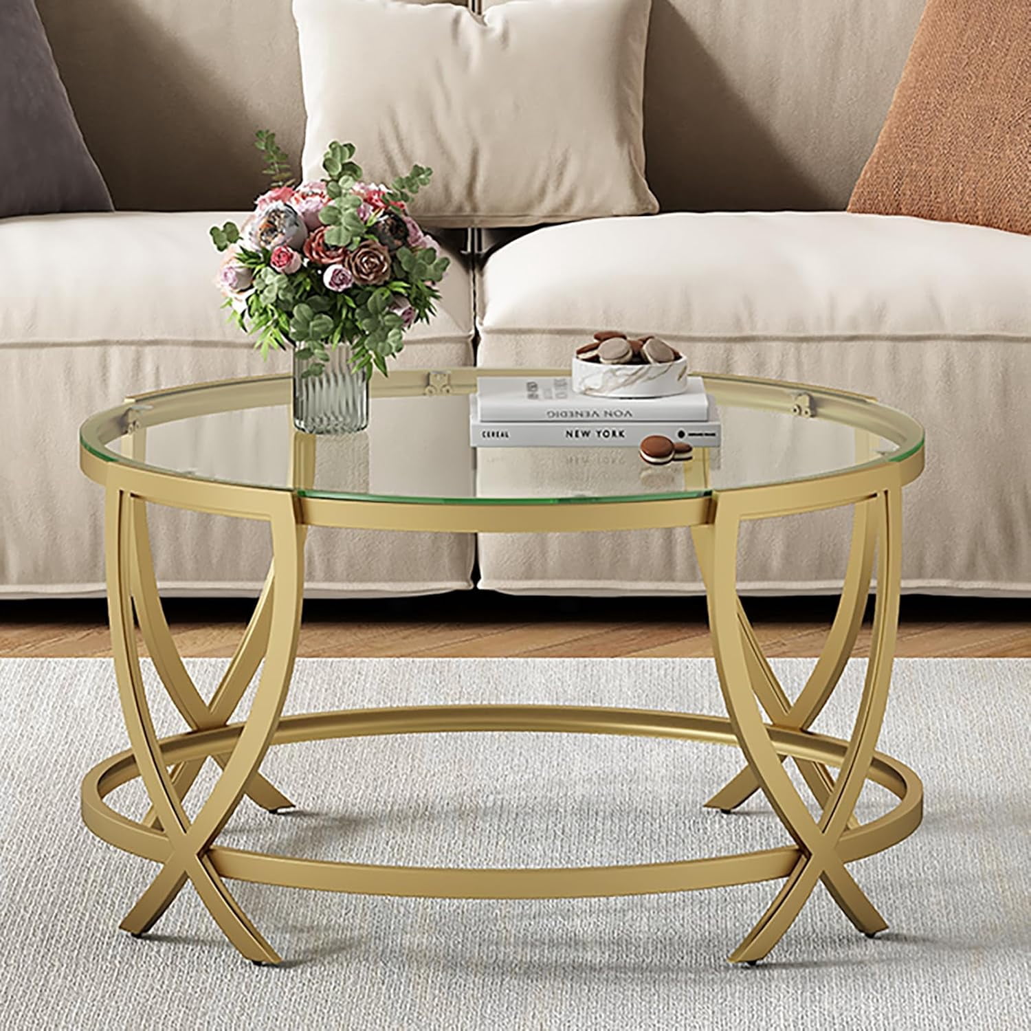 ASYA Round Coffee Table for Living Room, Gold Coffee Table with Tempered Glass & Metal Frame ...