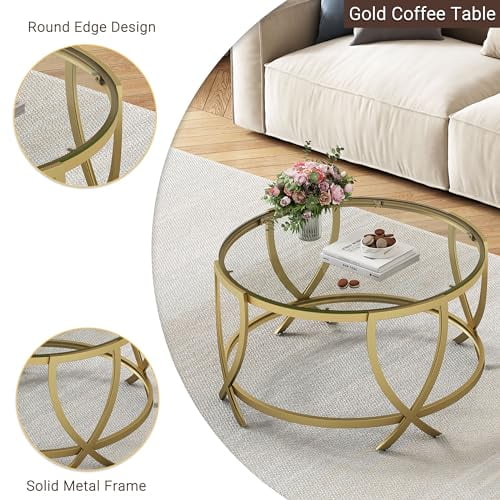 ASYA Round Coffee Table for Living Room, Gold Coffee Table with Tempered Glass & Metal Frame ...