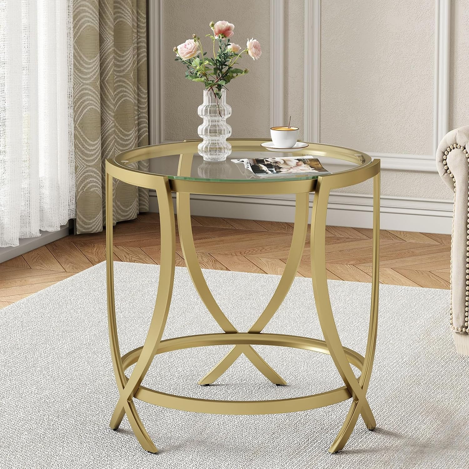 ASYA Round End Table, Glass Side Table with Tempered Glass and Metal Frame, Gold Nightstand for ...