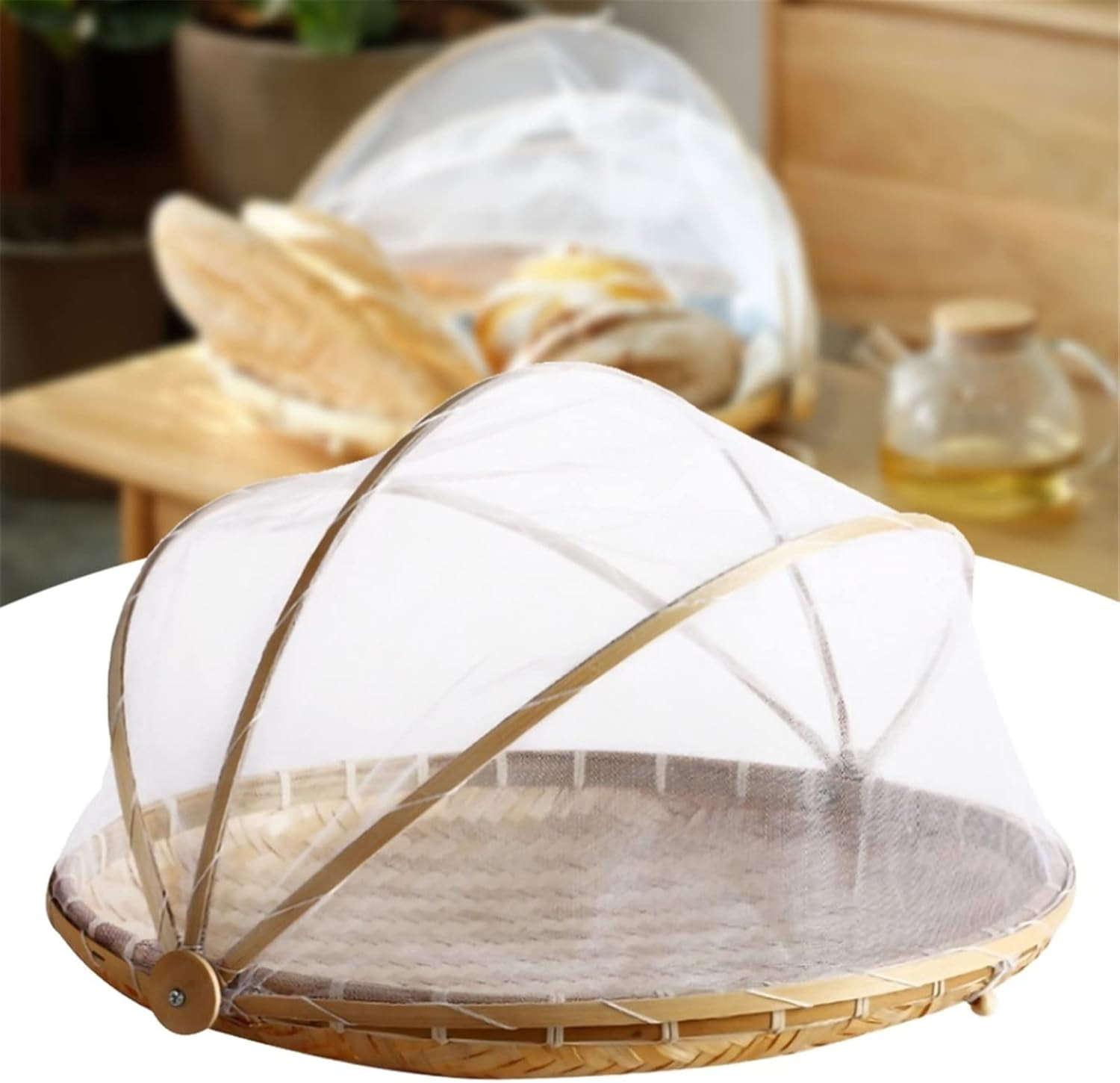 ASkinds 14 inch Hand-Woven Food Serving Tray, Covered Round Bamboo ...