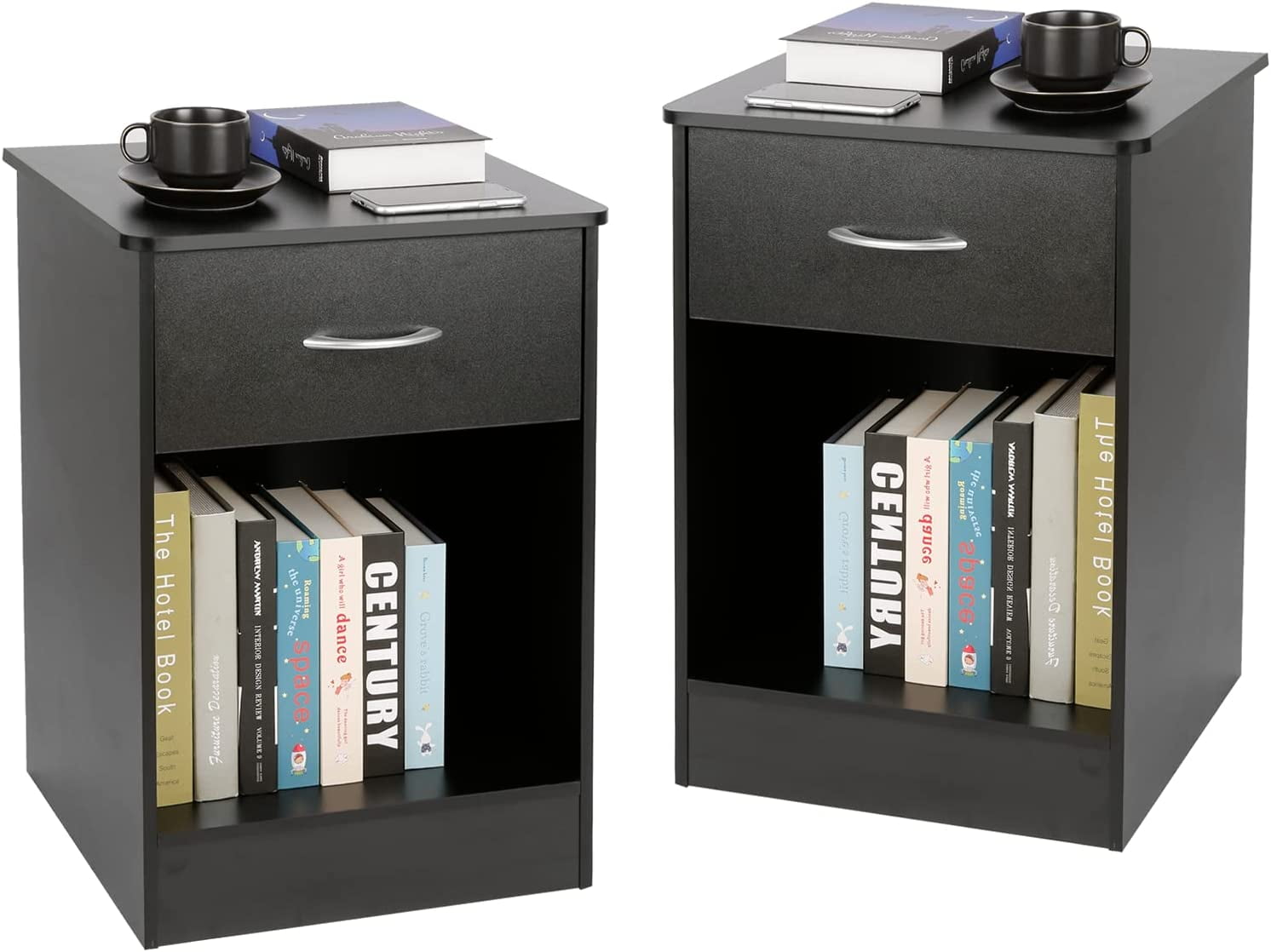 ASpecialty 2 PCS Black Nightstand with Drawer, Bedside Table Side Table ...