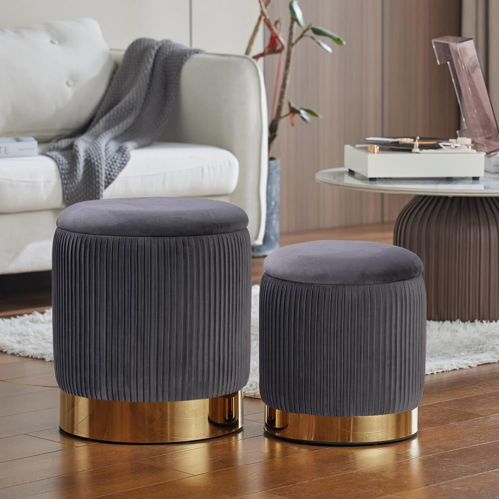 ASpecialty Round Storage Ottoman Set of 2, Velvet Storage Ottoman for ...