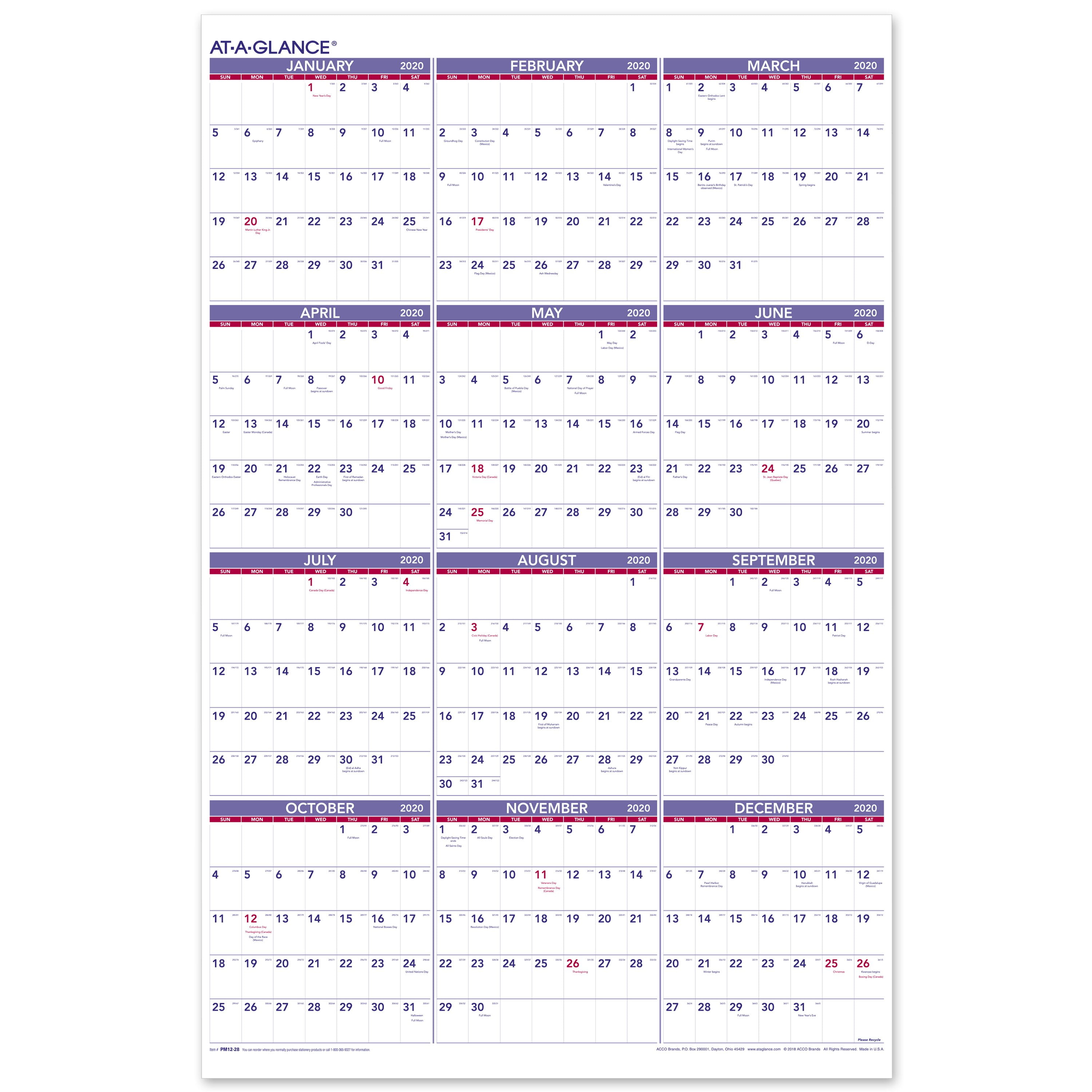 AT-A-GLANCE 2020 Yearly Wall Calendar, 12 Months, January Start, 24" x ...