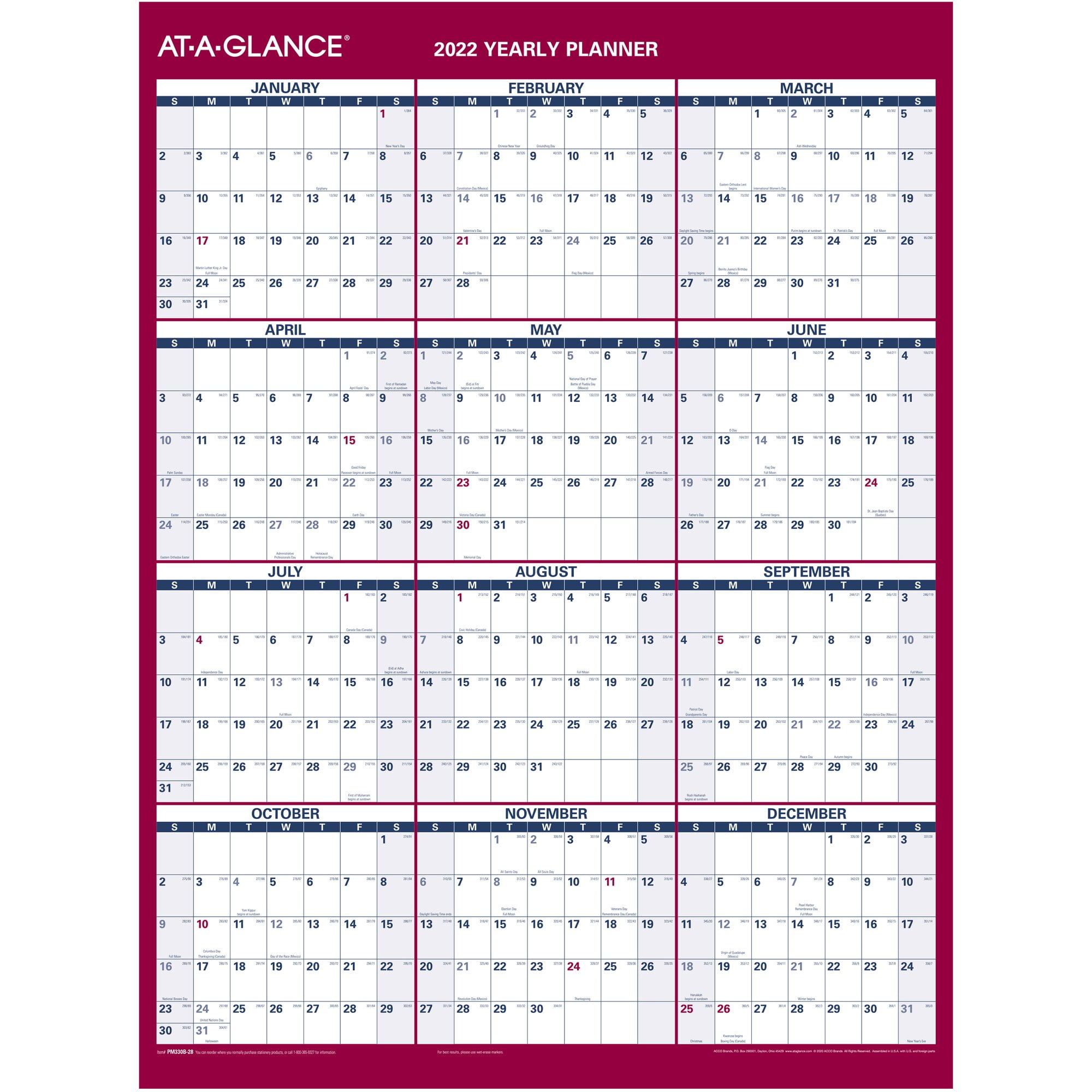 AT-A-GLANCE 2022 16" x 12" Yearly Calendar Compact White PM330B-28-22 ...