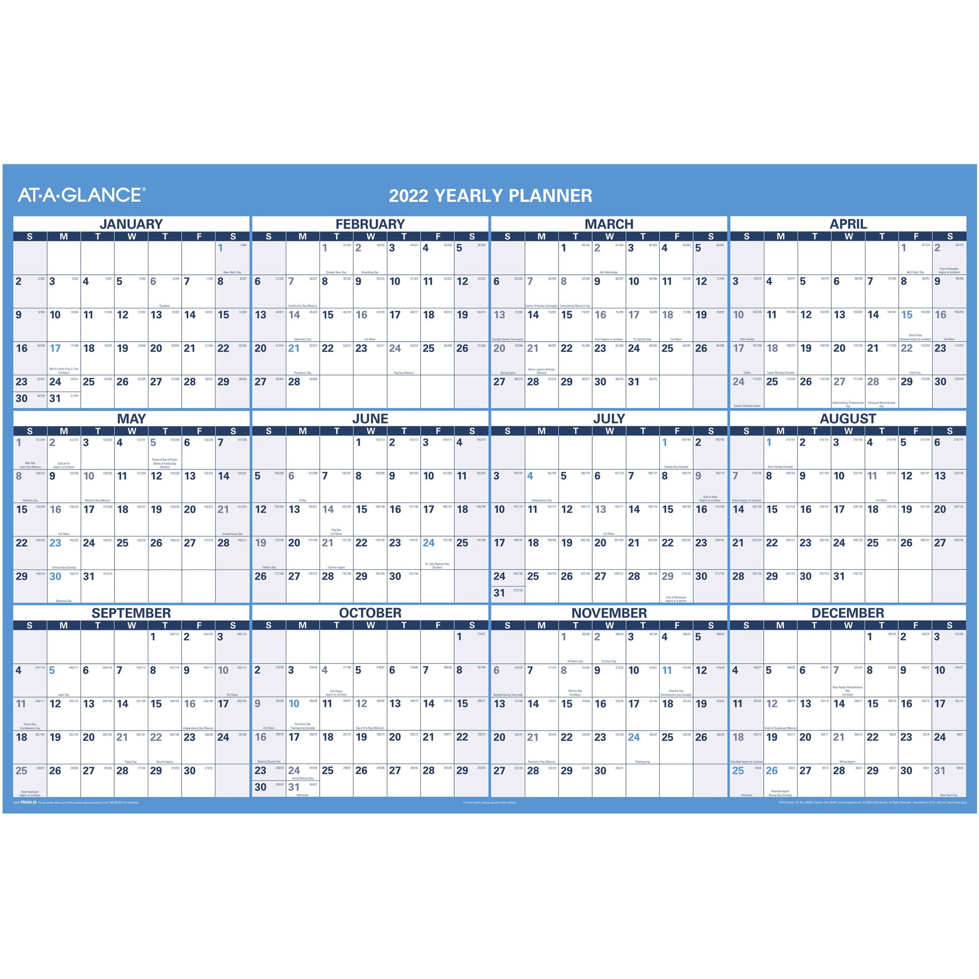 AT-A-GLANCE 2022 32.5" x 48.5" Yearly Calendar White/Blue PM300-28-22 - Walmart.com