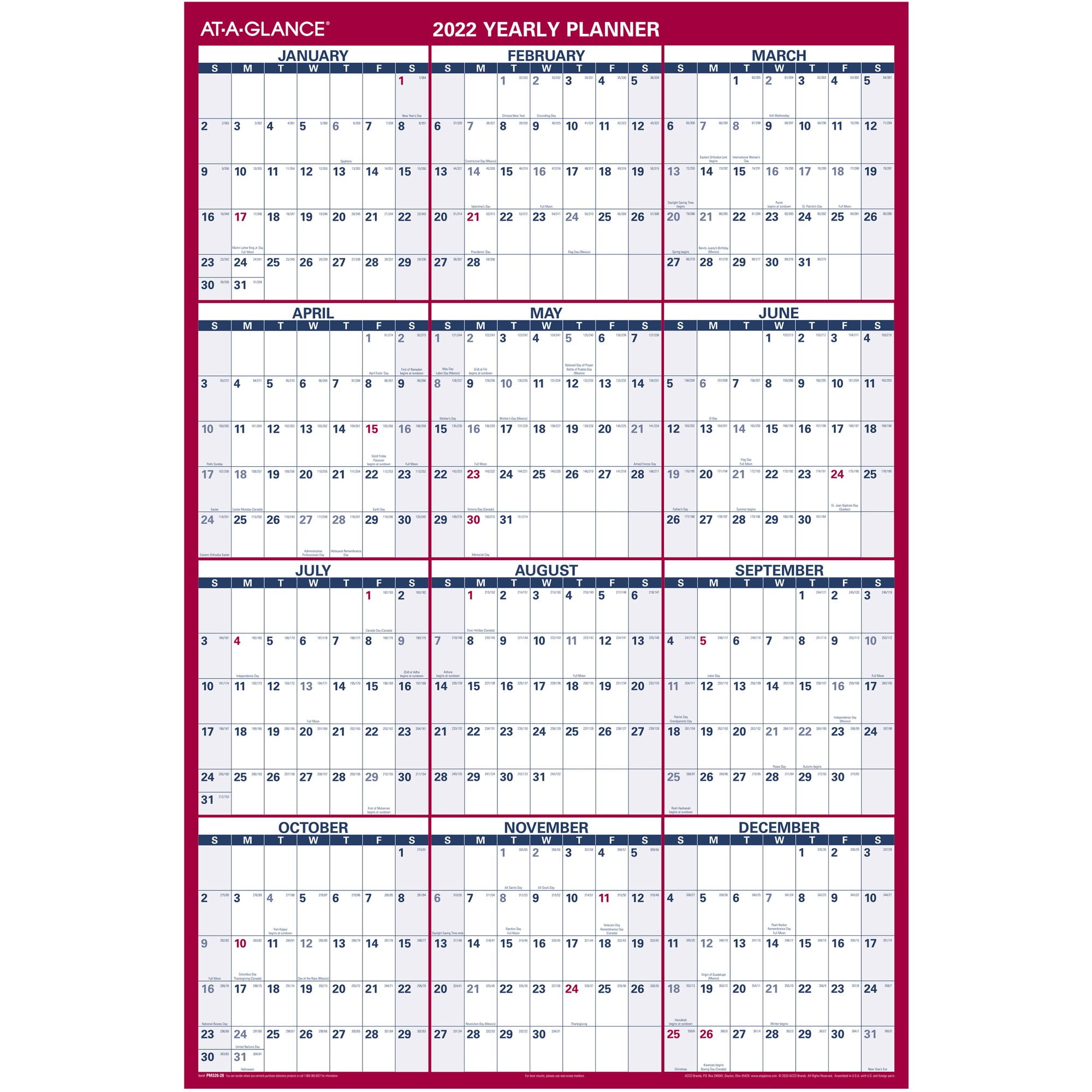 AT-A-GLANCE 2022 48" x 32" Yearly Calendar White/Red PM326-28-22 ...