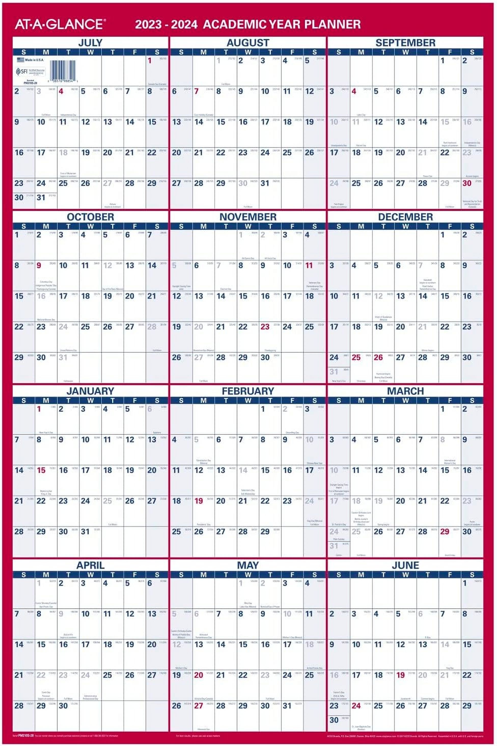 AT-A-GLANCE 2023-2024 Erasable Calendar, Dry Erase Wall Planner, 24" x ...