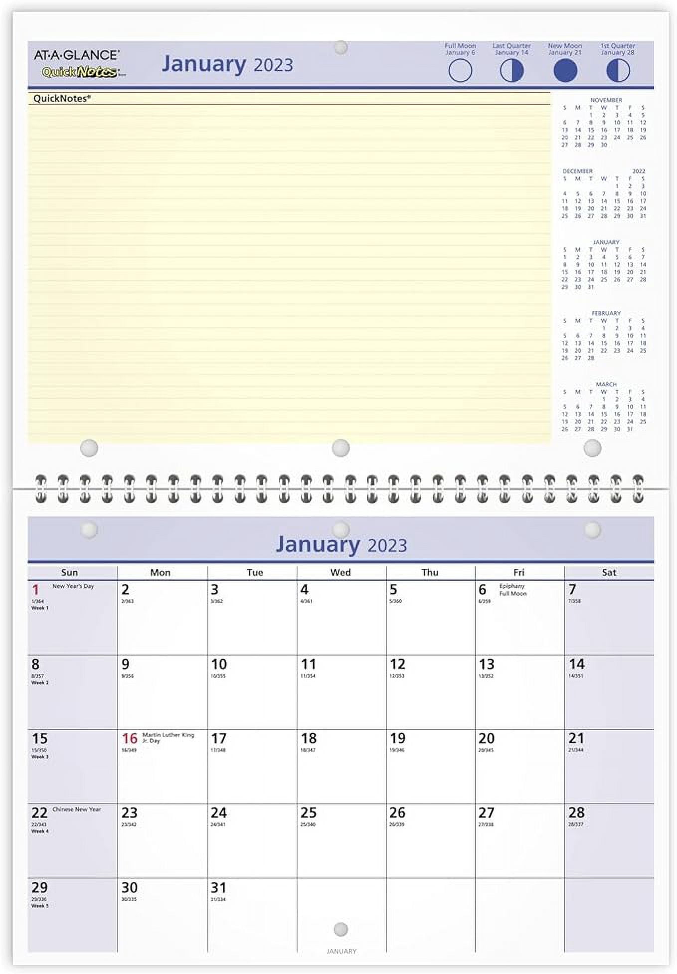 AT-A-GLANCE 2023 Wall Calendar, QuickNotes, 11" x 8", Small, Spiral ...