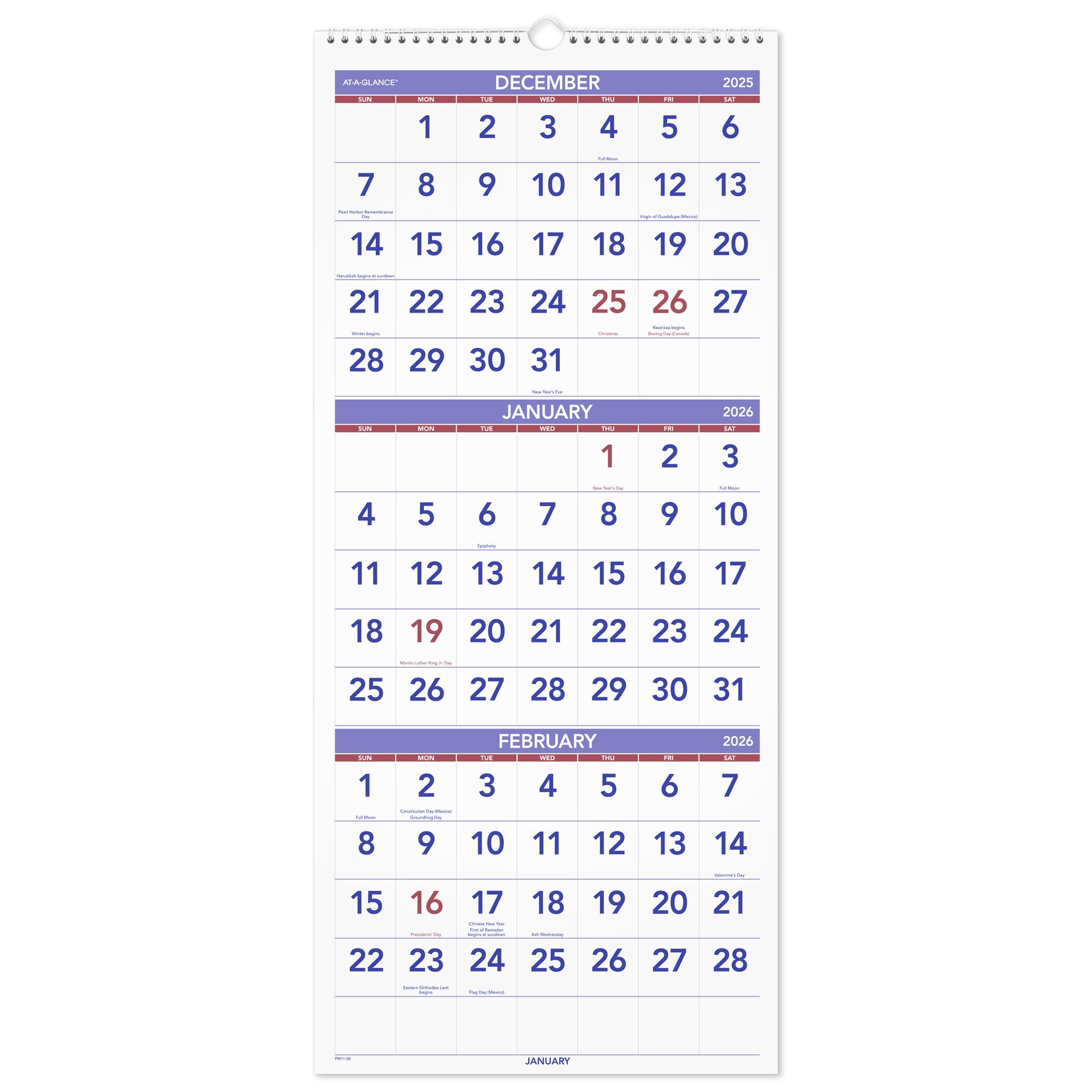 AT-A-GLANCE 2026 Three Month Reference Vertical Wall Calendar Large 12 ...