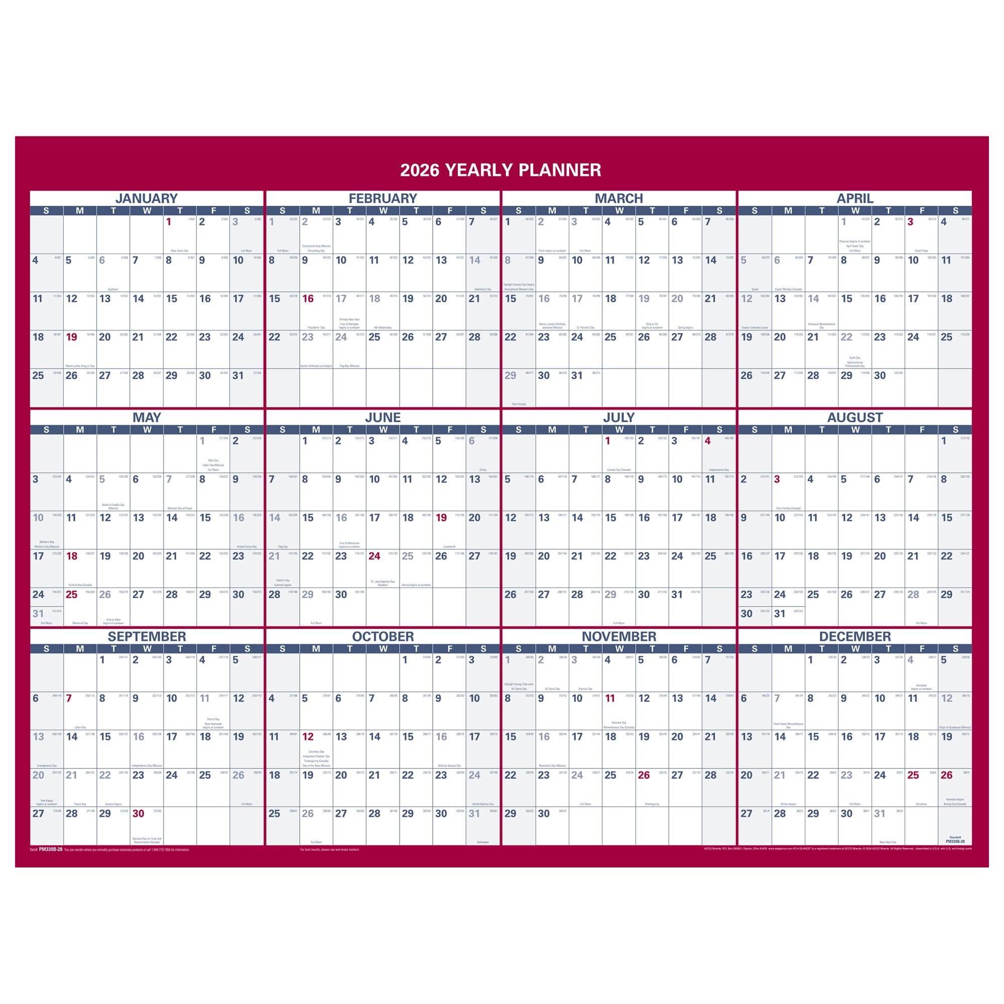AT-A-GLANCE 2026 Vertical Horizontal Reversible Erasable Yearly Wall ...