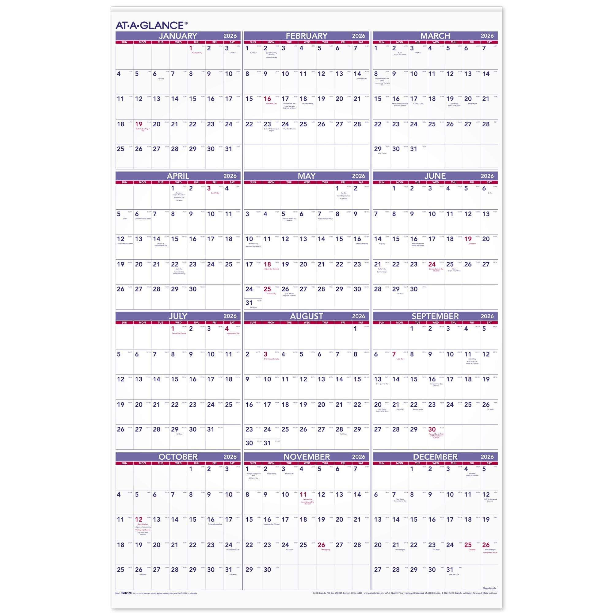 AT-A-GLANCE 2026 Yearly Wall Calendar Extra Large 24 x 36 - Wall ...