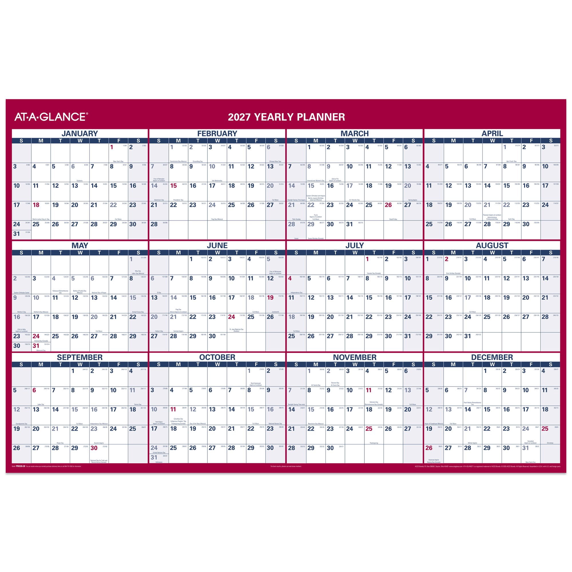 AT-A-GLANCE 2027 Vertical Horizontal Reversible Erasable Yearly Wall ...
