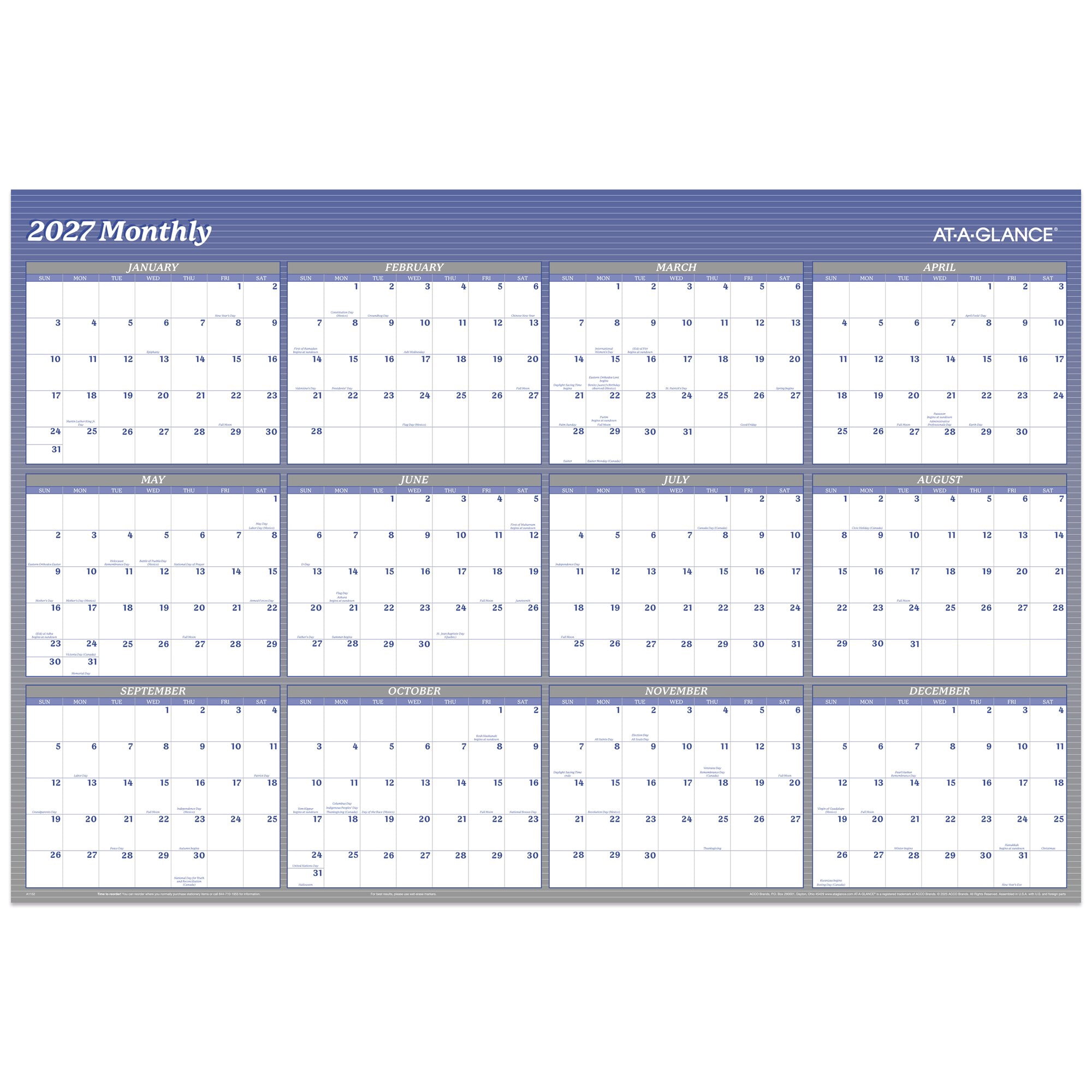 AT-A-GLANCE 2027 Vertical Horizontal Reversible Erasable Yearly Wall ...