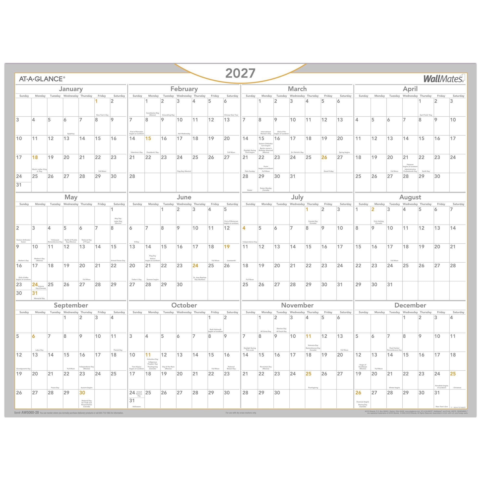 AT-A-GLANCE 2027 WallMates Self-Adhesive Dry-Erase Yearly Calendar ...