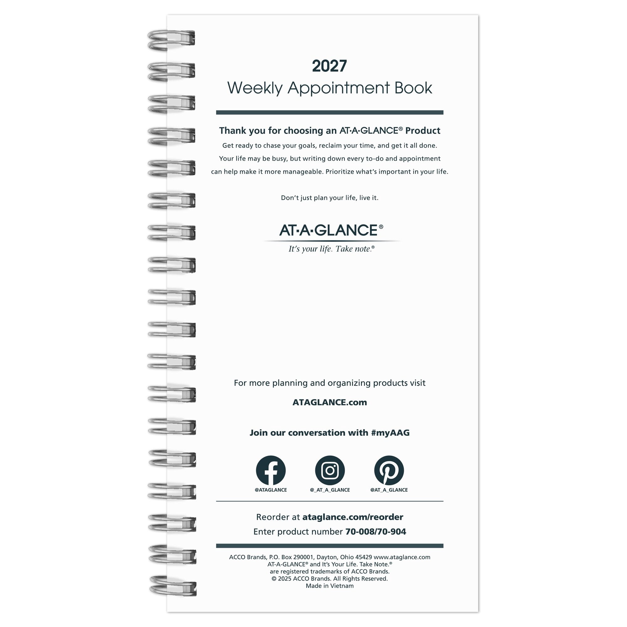 AT-A-GLANCE 2027 Weekly Appointment Book Planner Refill for 70-008 ...