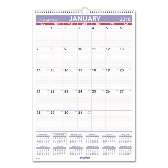 AT-A-GLANCE Erasable Wall Calendar, 15 1/2 x 22 3/4, White, 2018 ...