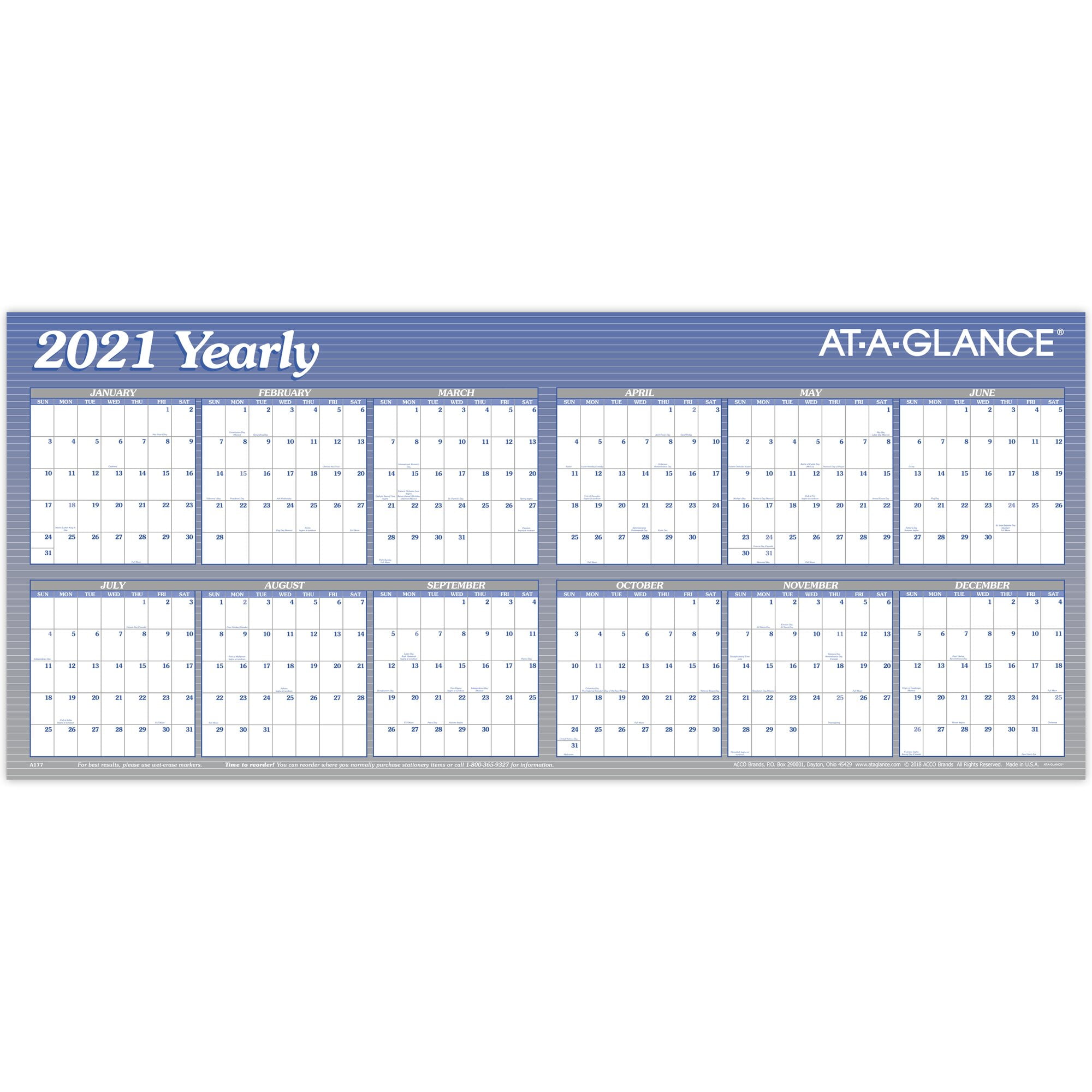 AT-A-GLANCE Horizontal Erasable Yearly Wall Calendar, Reversible, 60" x ...
