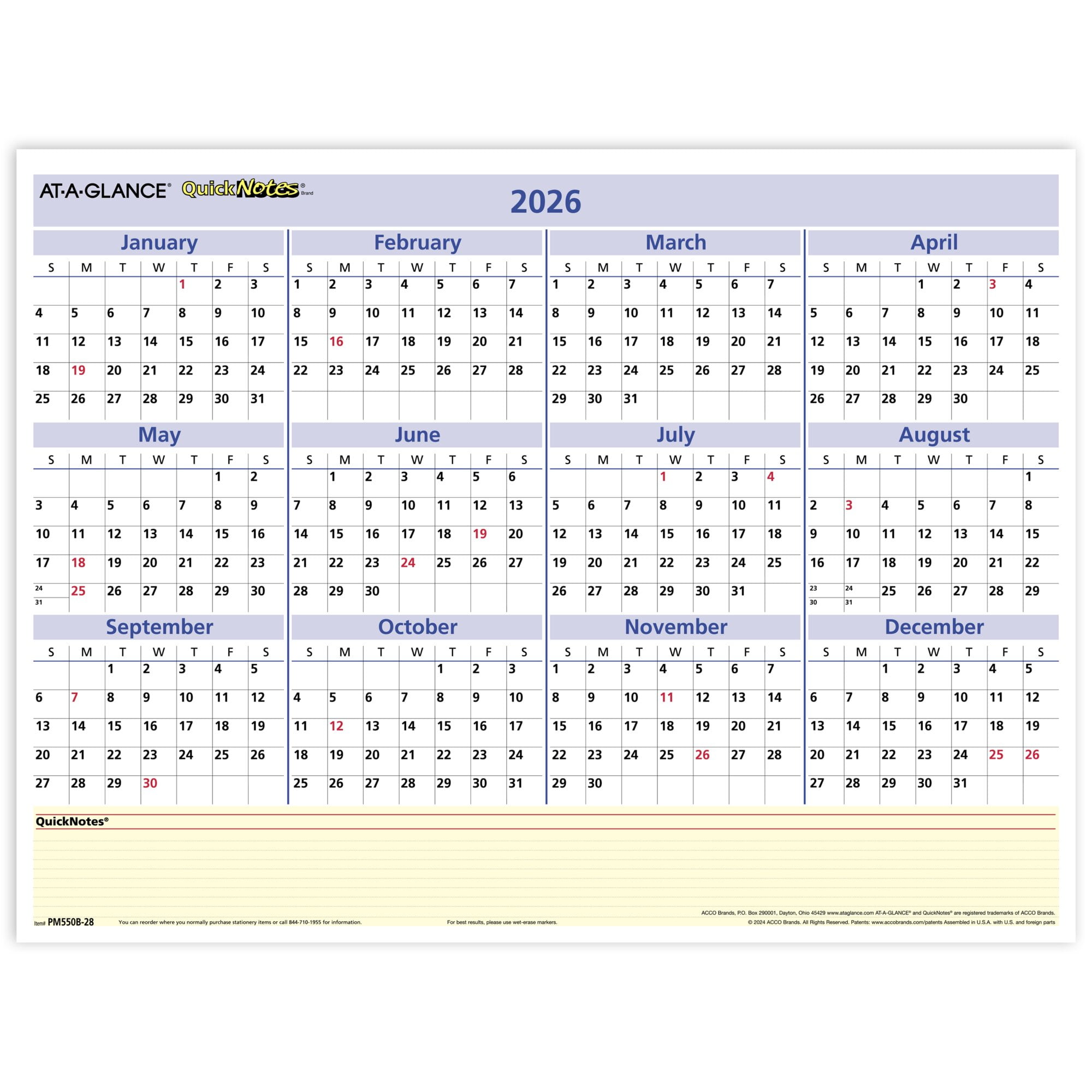 AT-A-GLANCE QuickNotes 2026 Reversible Erasable Monthly Yearly Wall ...