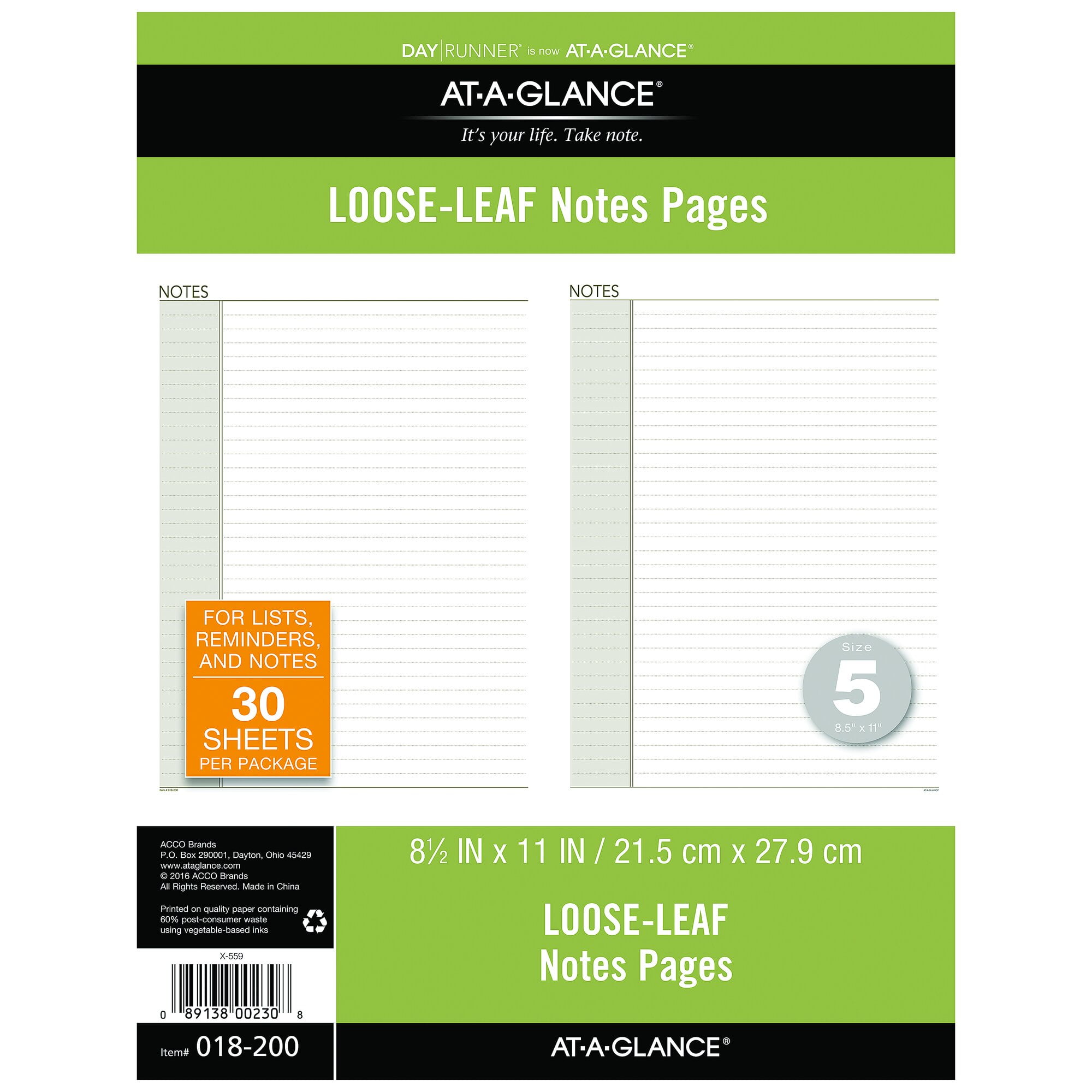 AT-A-GLANCE Undated Notes Pages Loose-Leaf Folio Size 8 12 x 11 30Pack ...