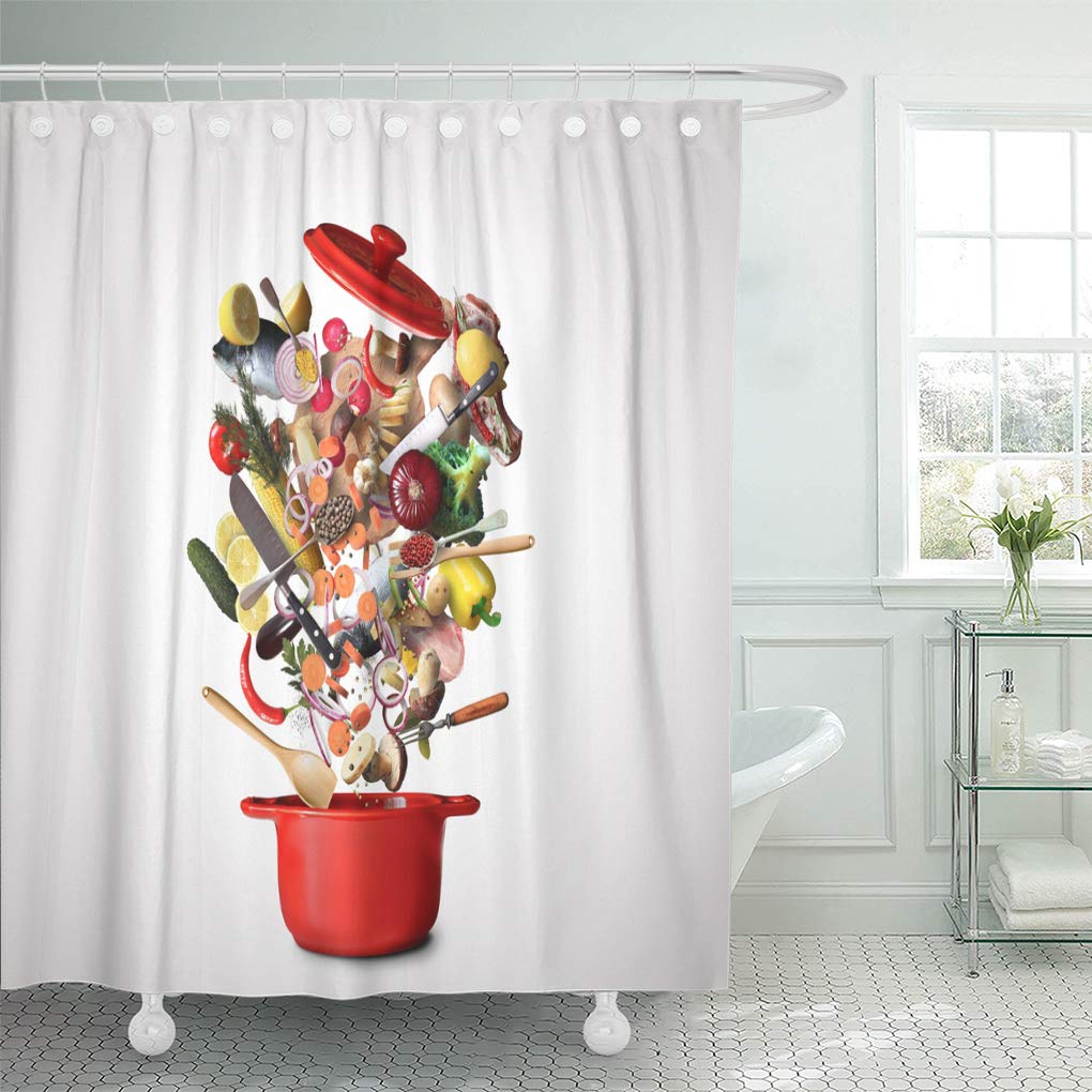 ATABIE Dish Cooking Big Red Pot Vegetables and Meat Chef Shower Curtain ...