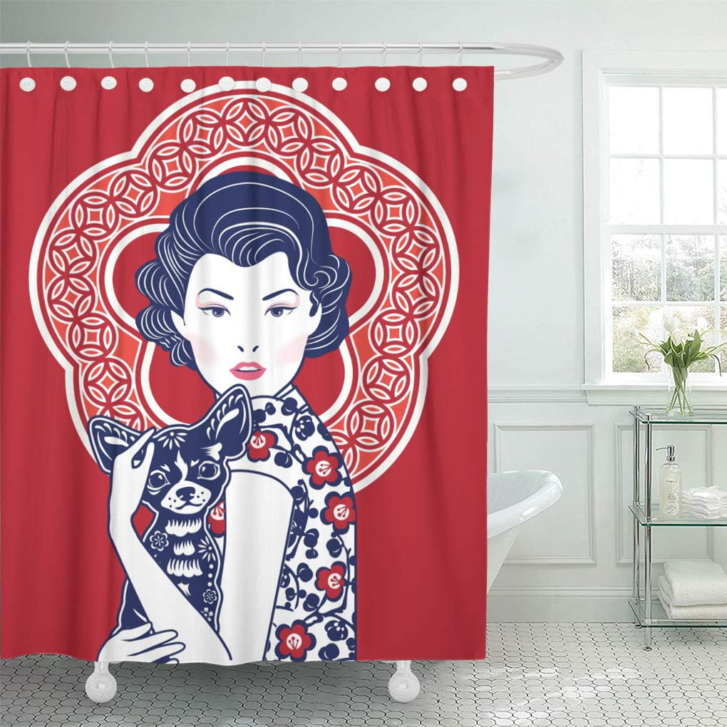 ATABIE Girl Lady Hug a Dog Year of Vector Illustration Shower Curtain ...