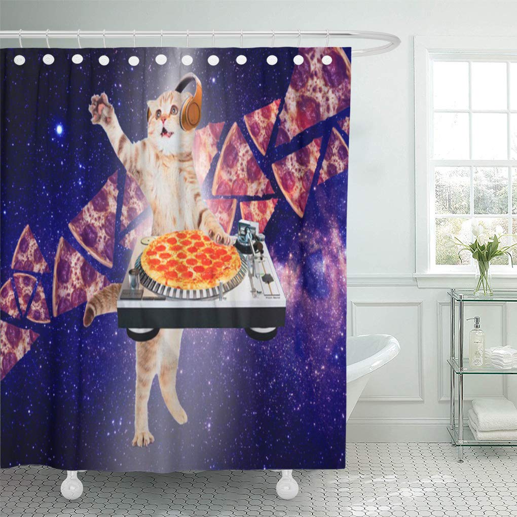 ATABIE Pet Dj Cat Space Pizza Memes Cute Kitty Funny Shower Curtain ...