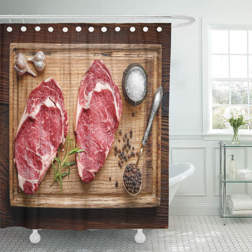 ATABIE Red Meat Fresh Raw Beef Steak on Wooden Cutting Shower Curtain ...